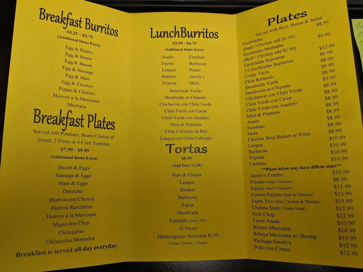 Menu at Garely's Mexican Restaurant Midland, Midland