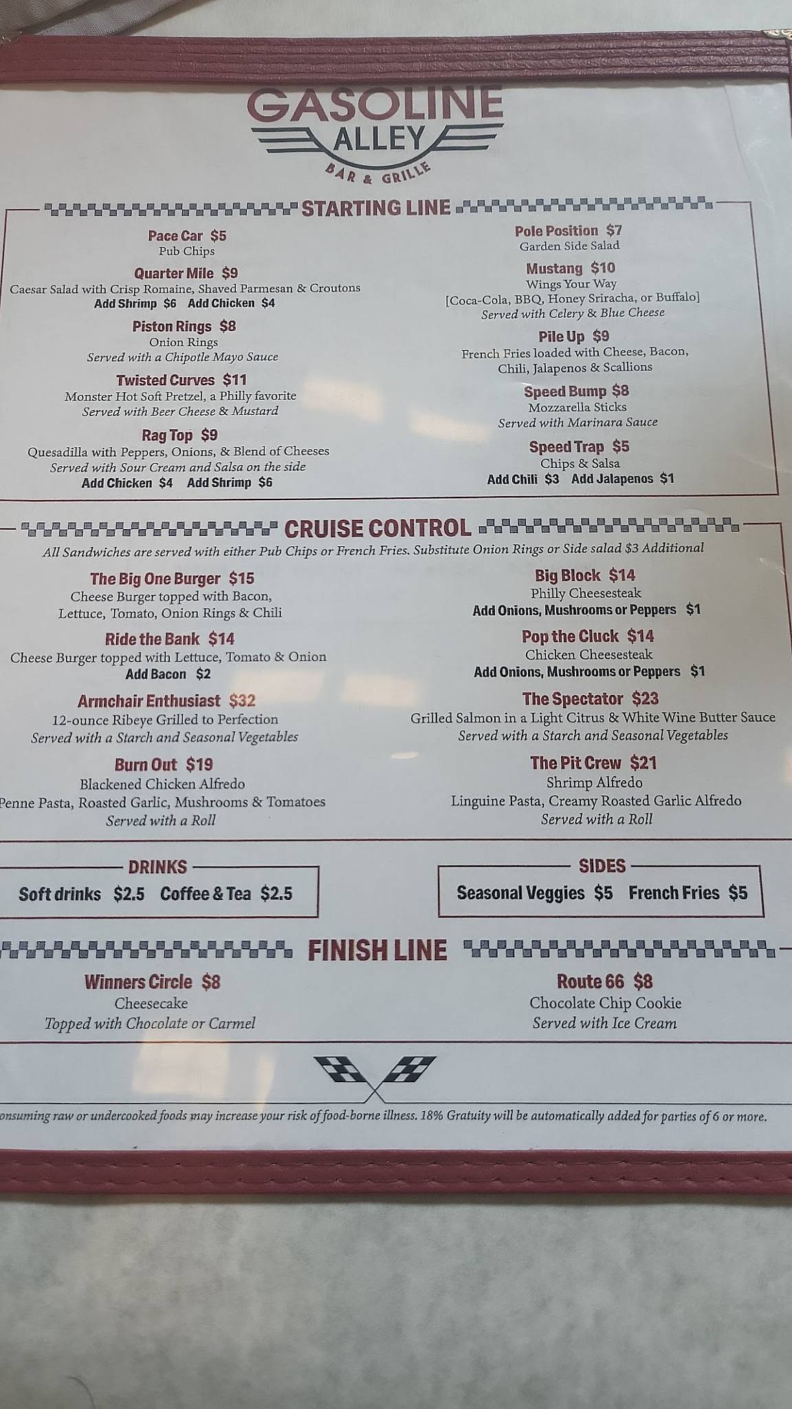 Menu at Gasoline Alley Bar & Grille, Morgantown