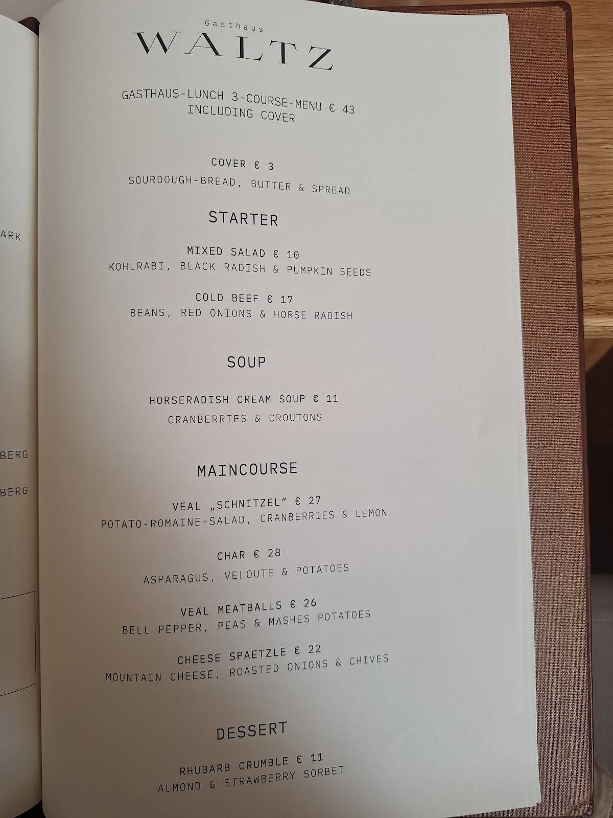 Menu at Gasthaus Waltz restaurant, Munich