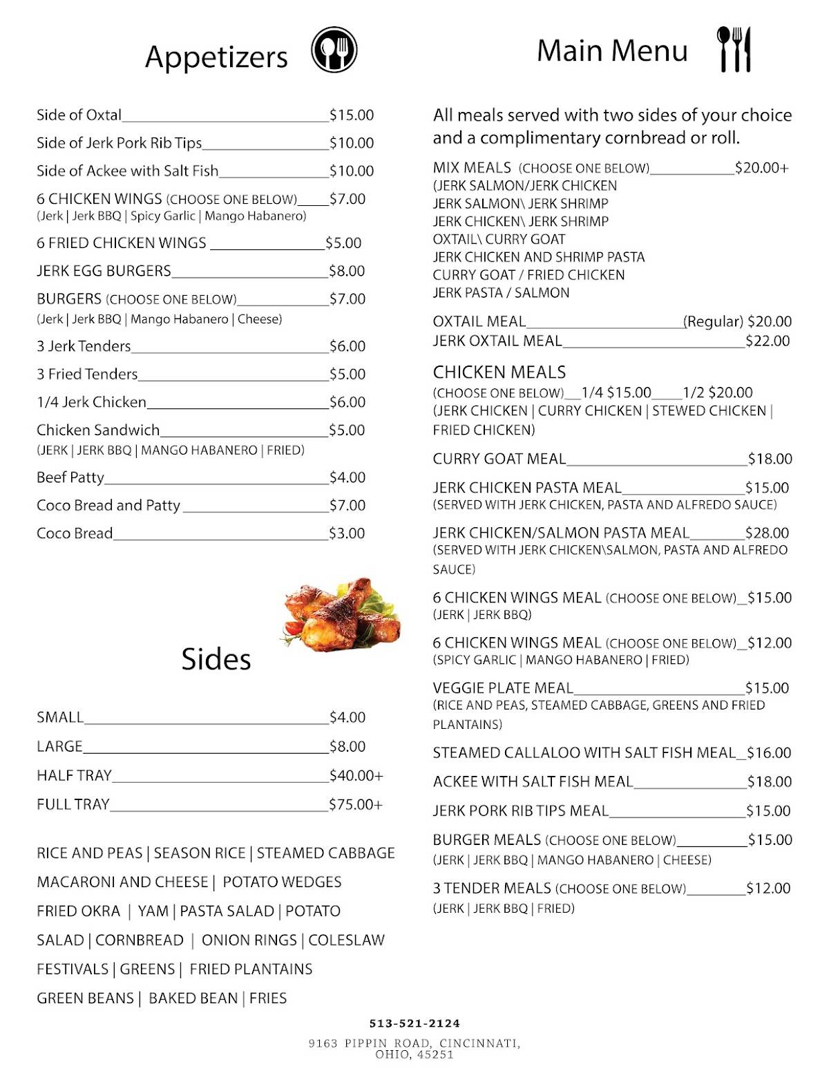 Menu at Gee's Caribbean Style restaurant, Cincinnati
