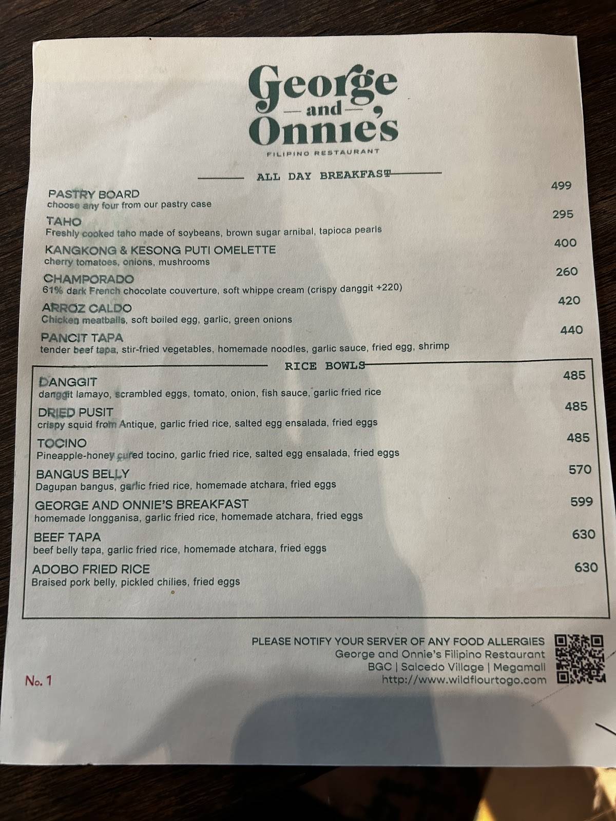 Menu at George and Onnie's - BGC restaurant, Taguig, Ground Floor
