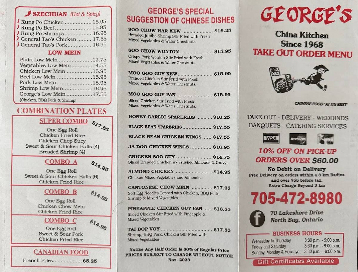 Menu at George's China Kitchen restaurant, North Bay