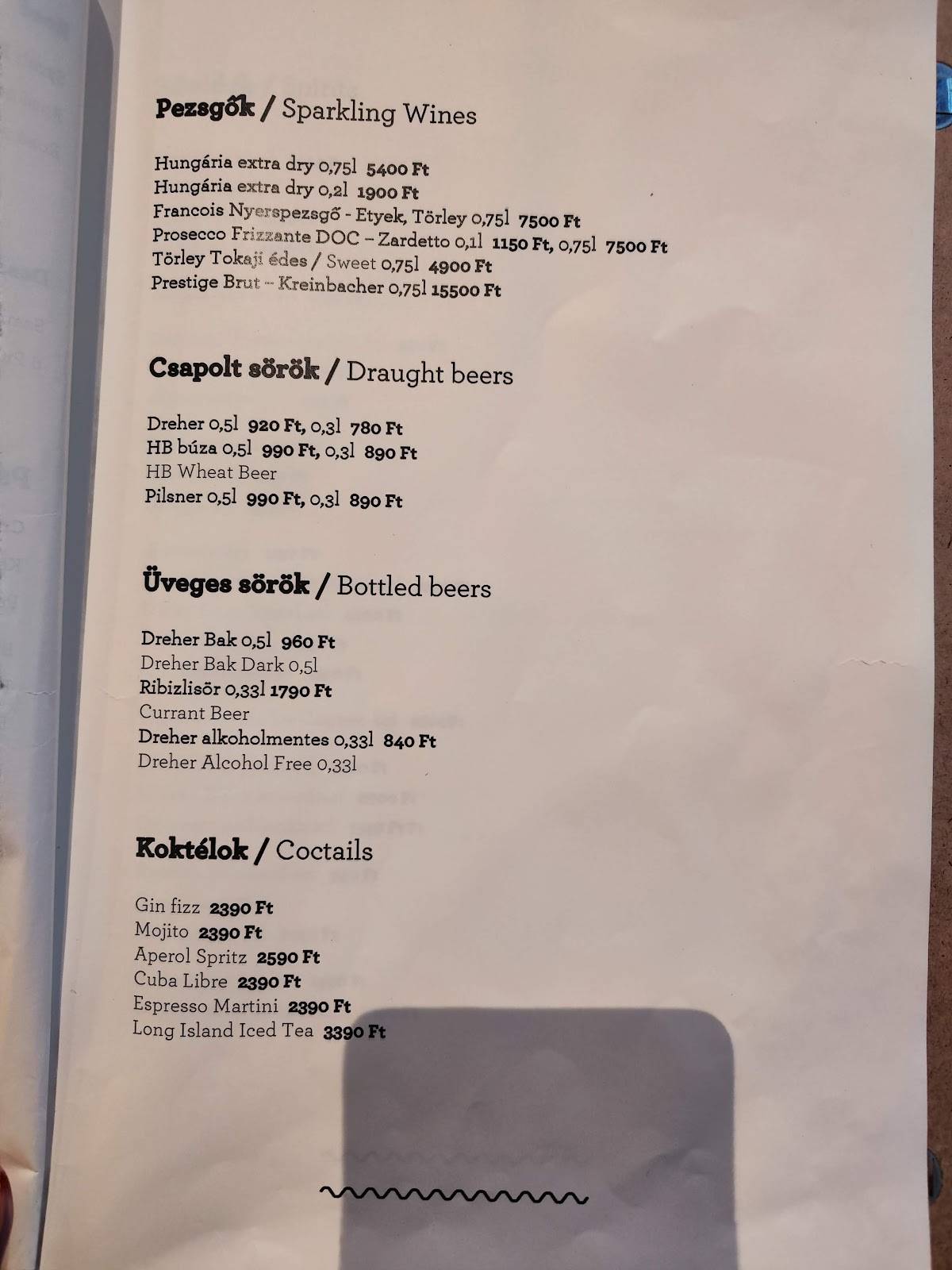 Menu at Gettó Gulyás restaurant, Budapest
