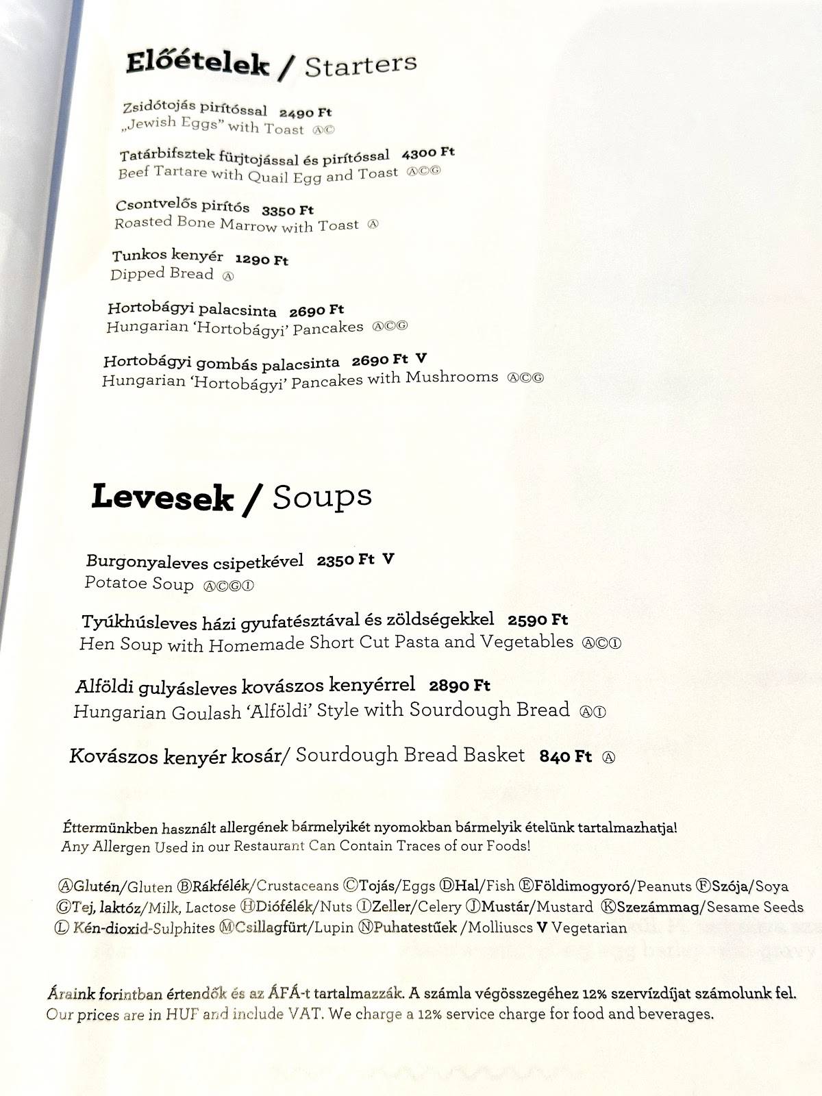 Menu at Gettó Gulyás restaurant, Budapest