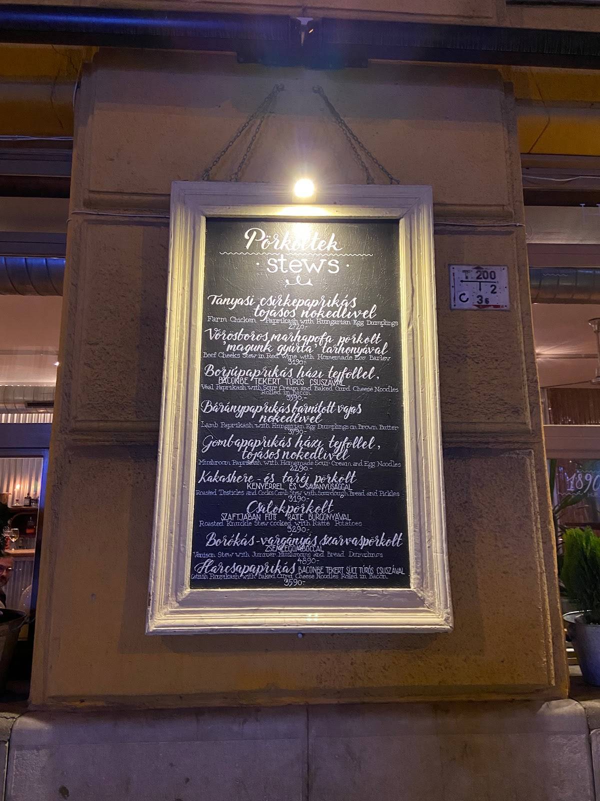 Menu at Gettó Gulyás restaurant, Budapest