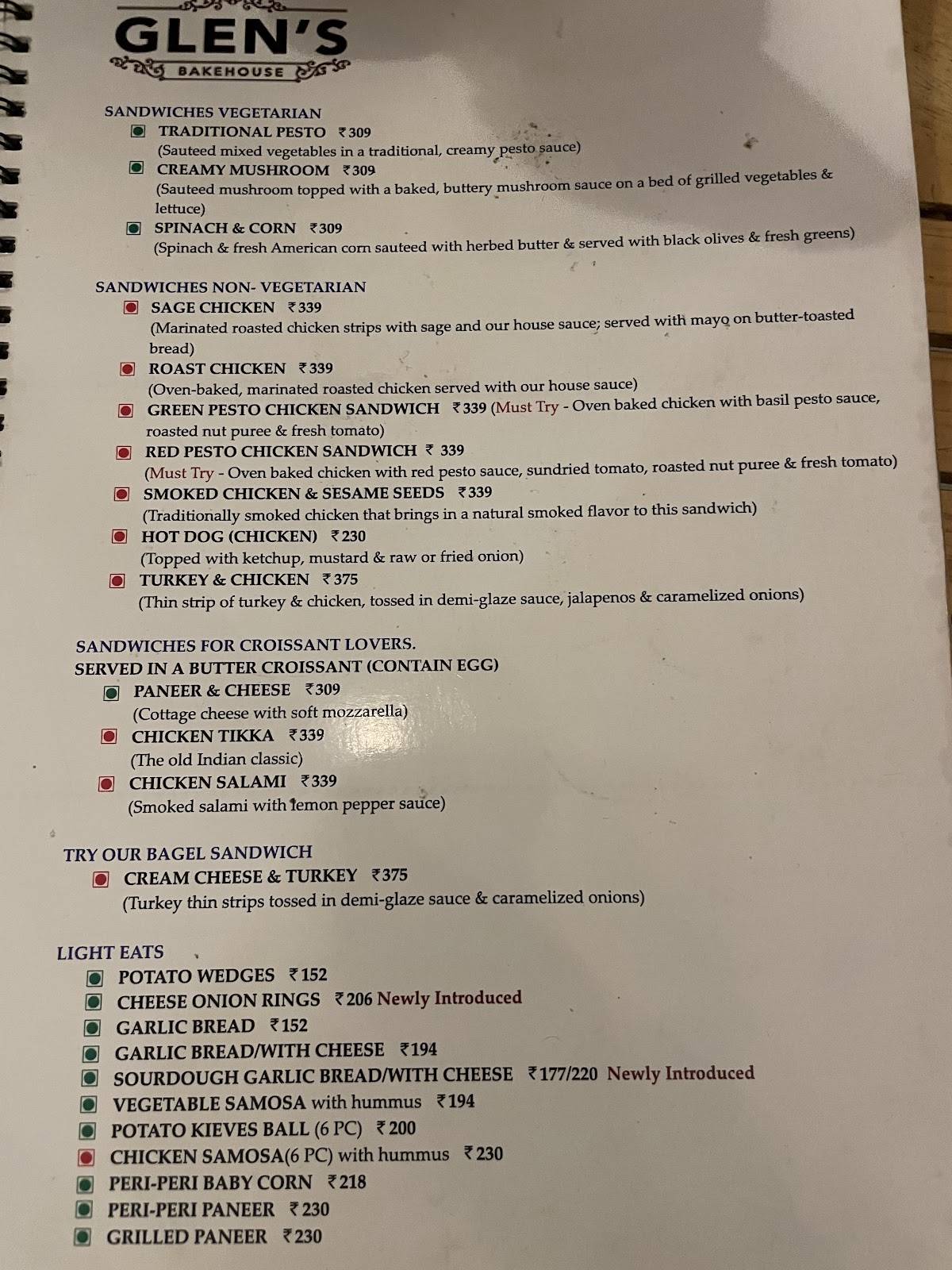 Menu at Glen's Bakehouse, Chennai