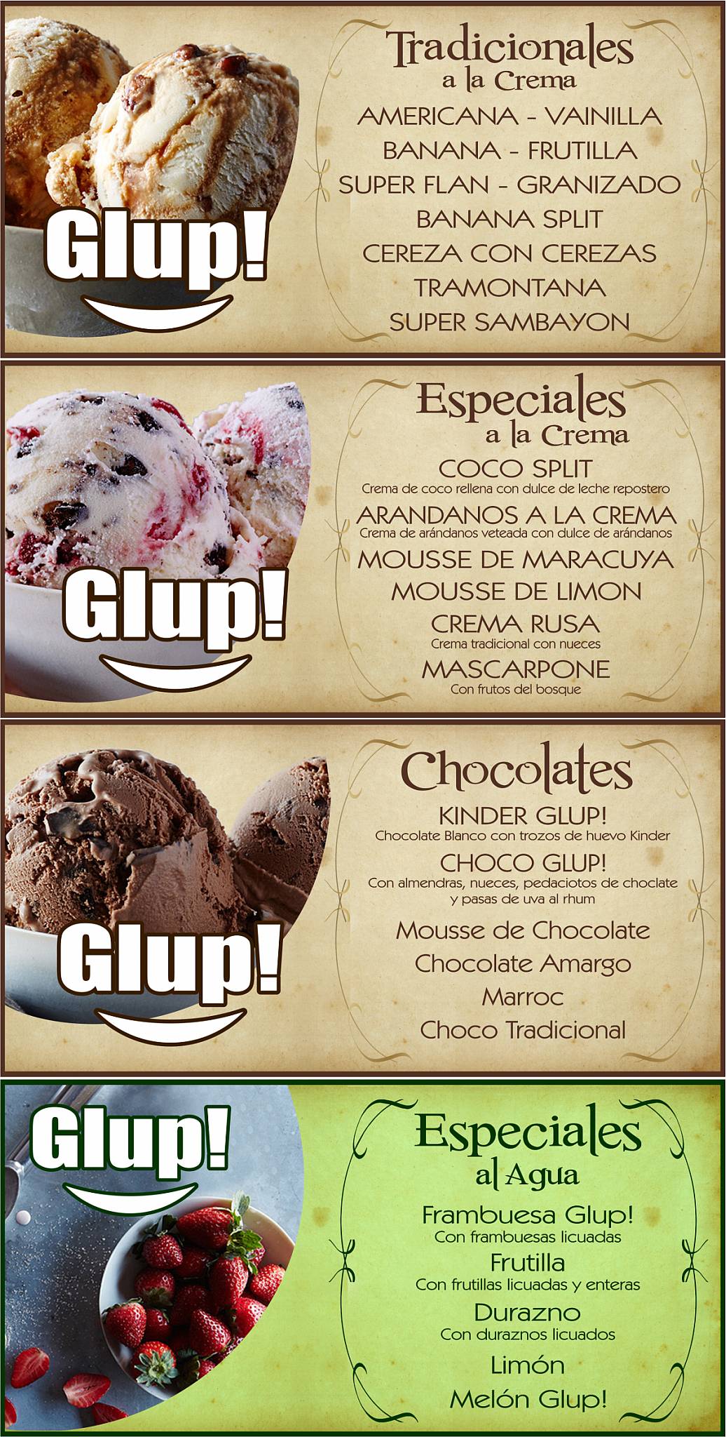 Menu at Glup Helados restaurant, Chascomús