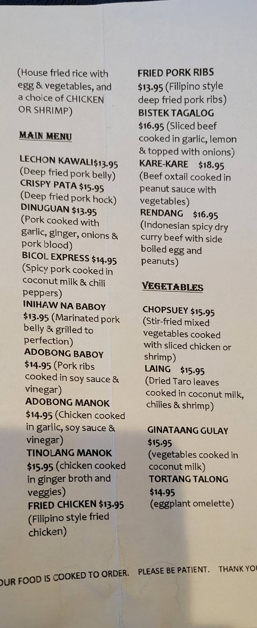 Menu at Gold Digger Filipino Restaurant, Juneau