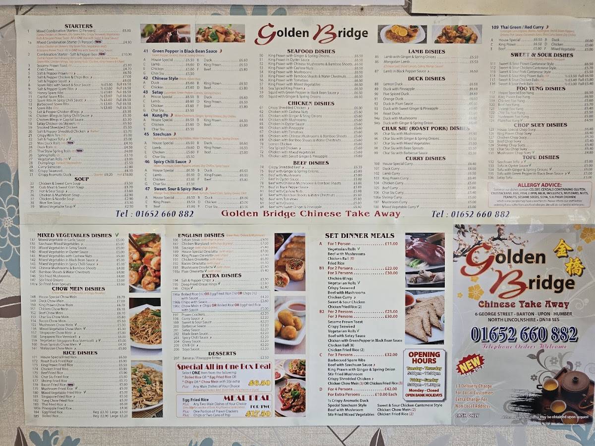 Menu at Golden Bridge restaurant, Barton-upon-Humber