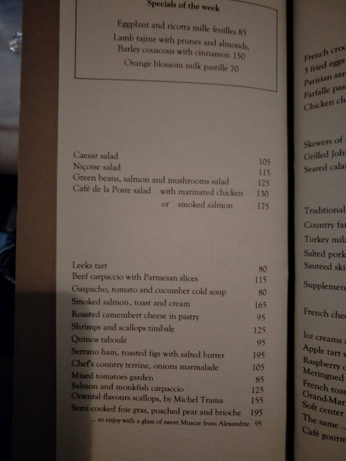 Menu at Grand Café de la Poste restaurant, Marrakesh