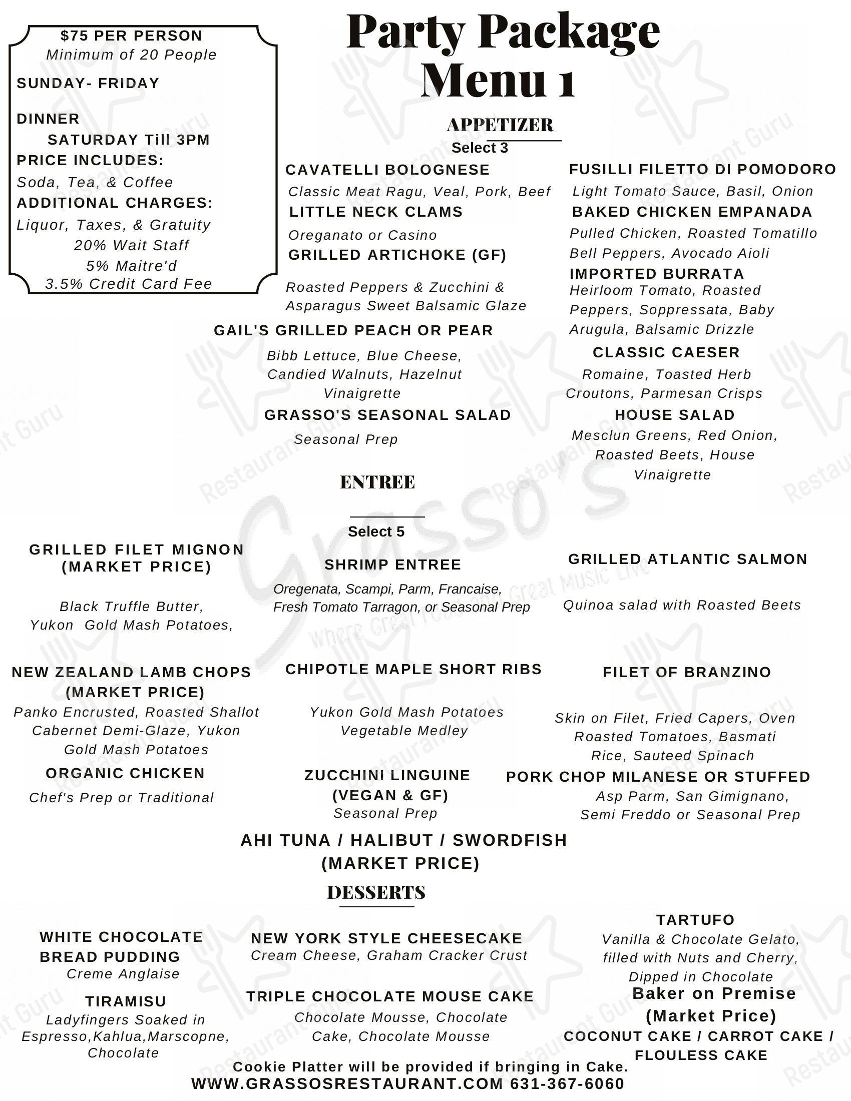 Menu at Grasso's restaurant, Cold Spring Harbor
