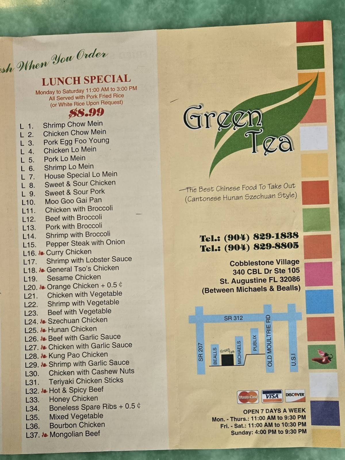 Menu at Green Tea restaurant, St. Augustine