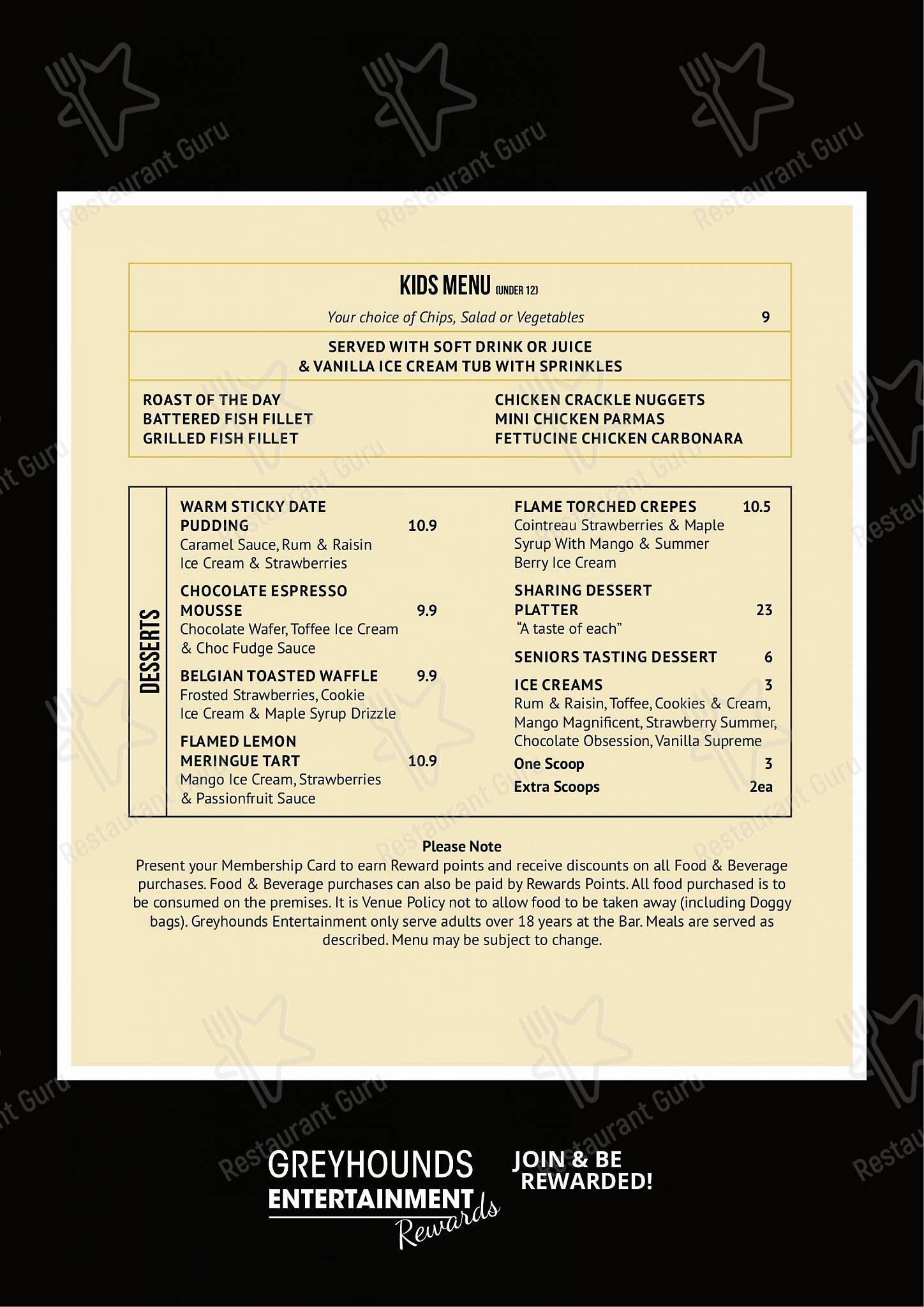 Menu at Greyhounds Entertainment restaurant, Springvale