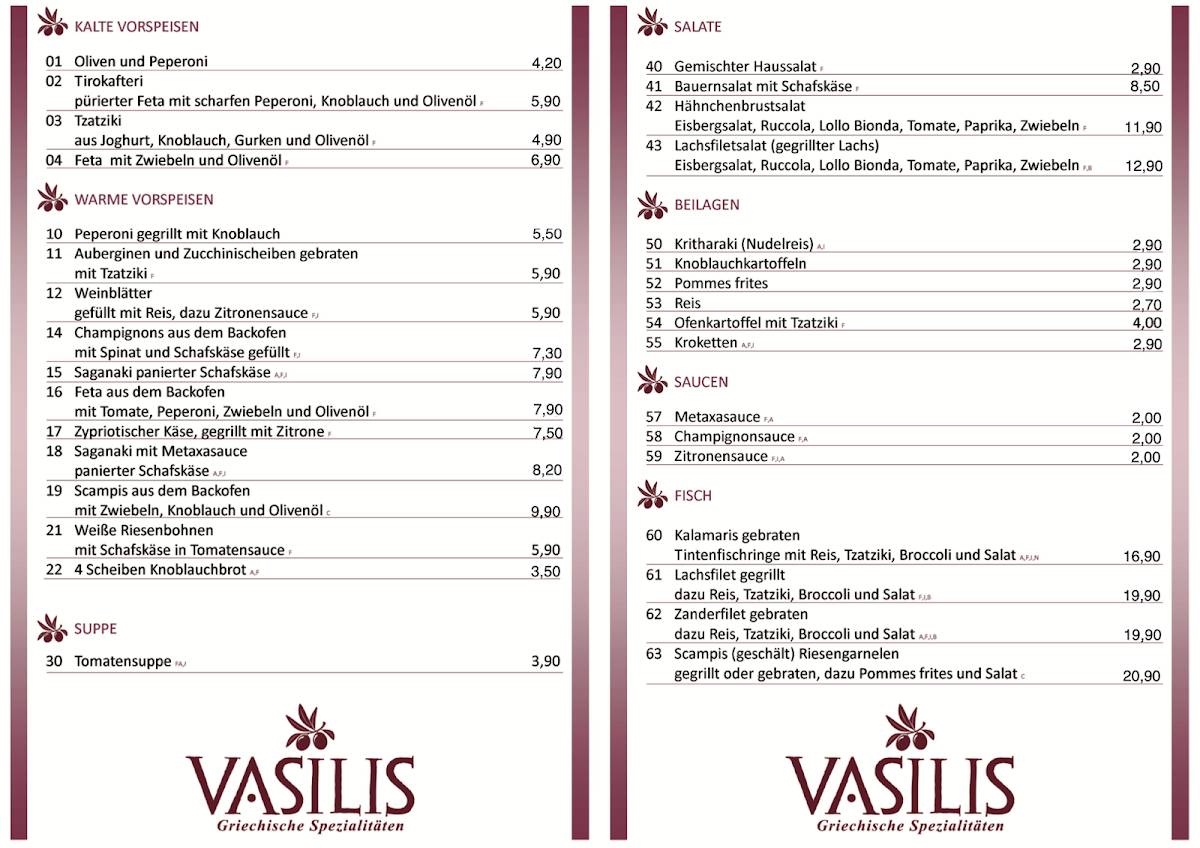 Speisekarte von Griechisches Restaurant Vasilis, Cottbus