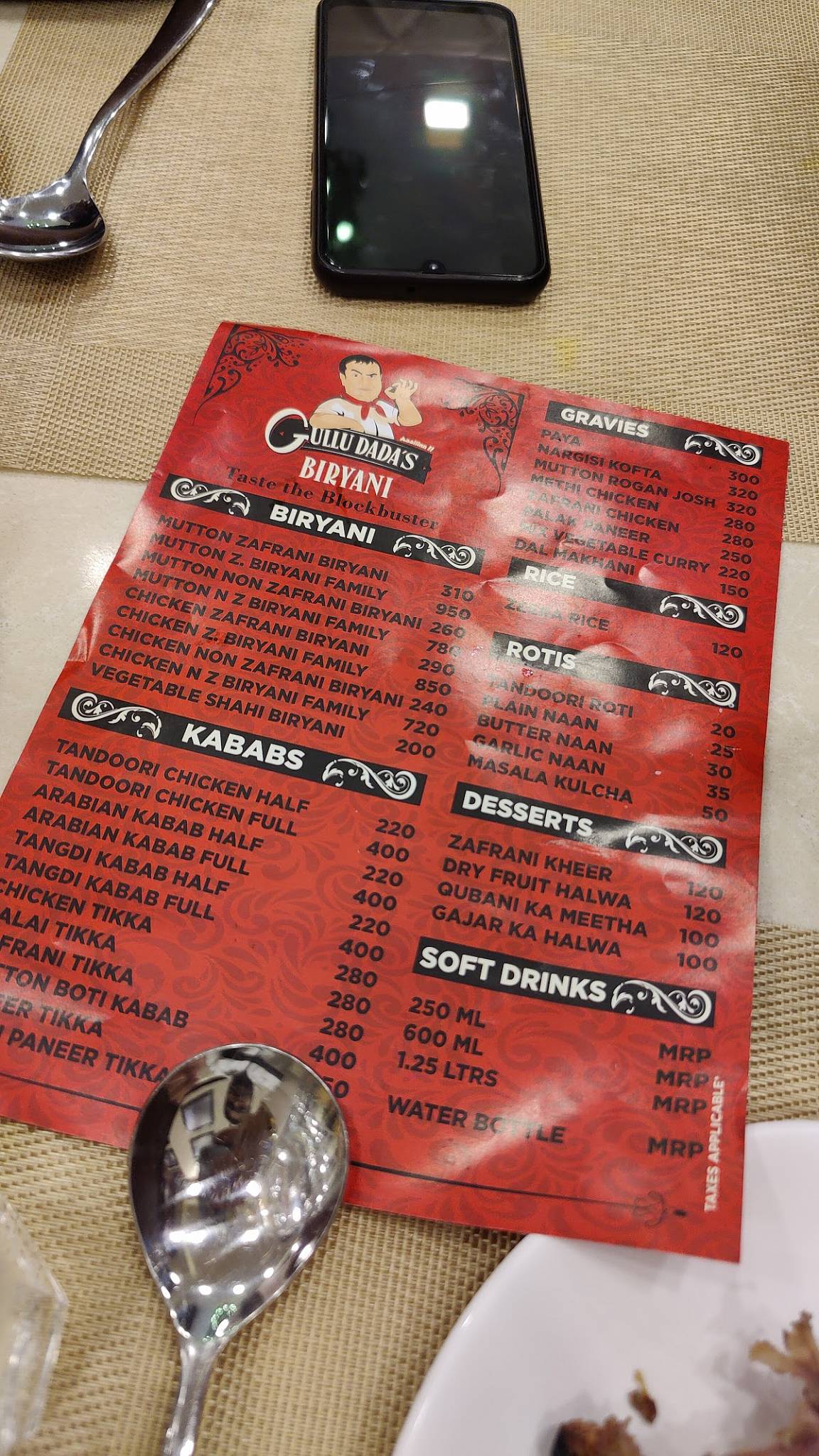 Menu at Gullu Dada's Biryani, Hyderabad, 8-1-299/94/1