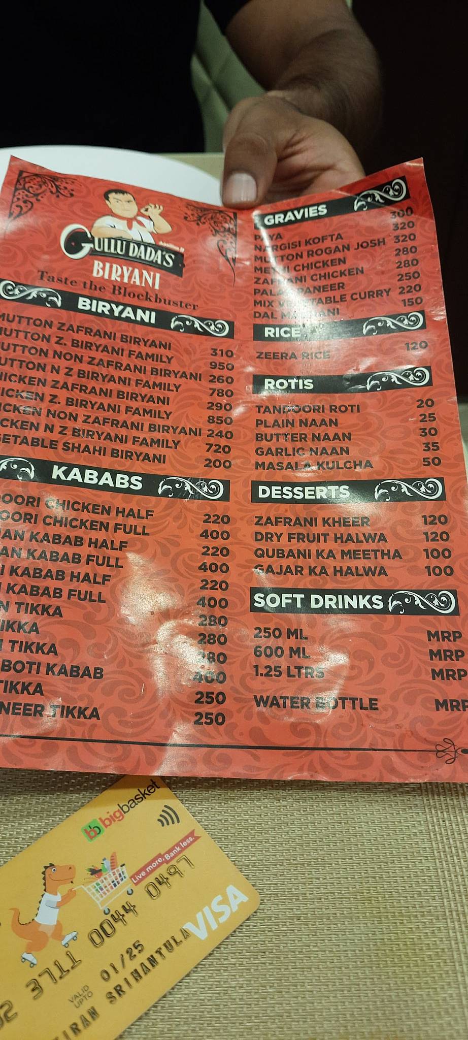 Menu at Gullu Dada's Biryani, Hyderabad, 8-1-299/94/1