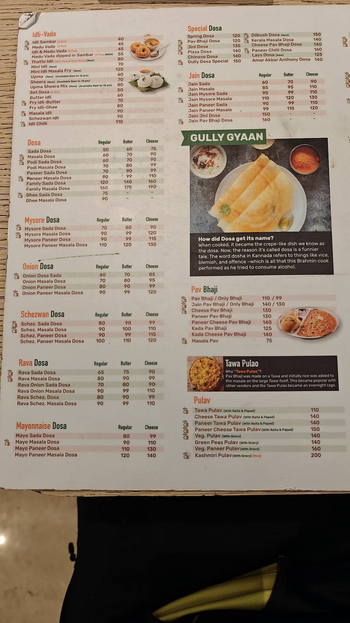 Menu at Gully Dosa, Mumbai