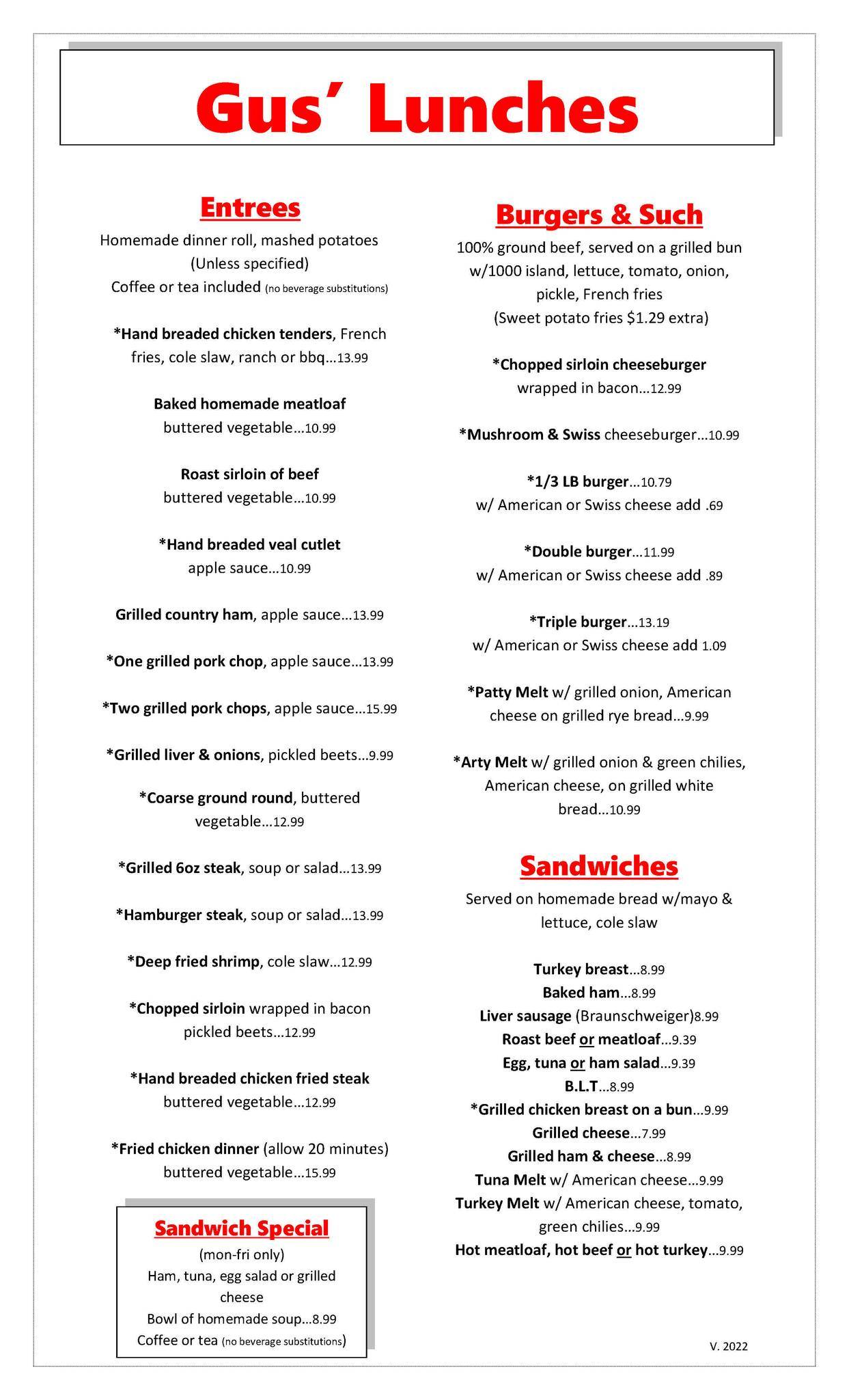 Menu at Gus Balon's Restaurant, Tucson