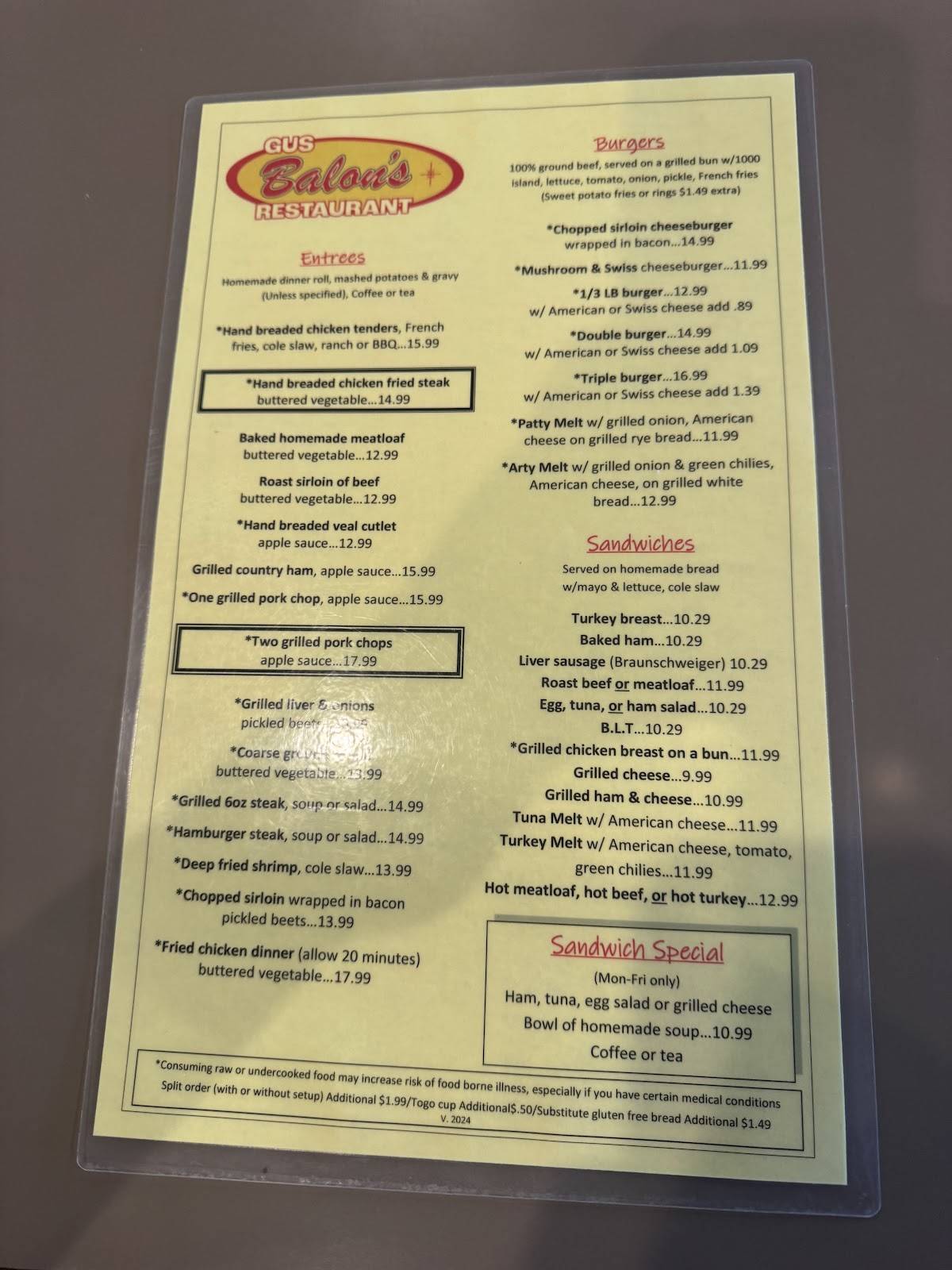 Menu at Gus Balon's Restaurant, Tucson