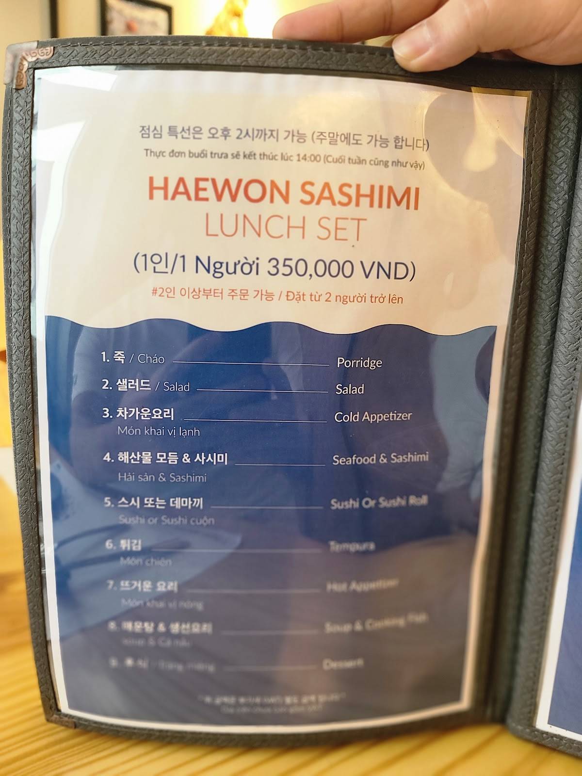 Menu at Hae Won restaurant, Ho Chi Minh City
