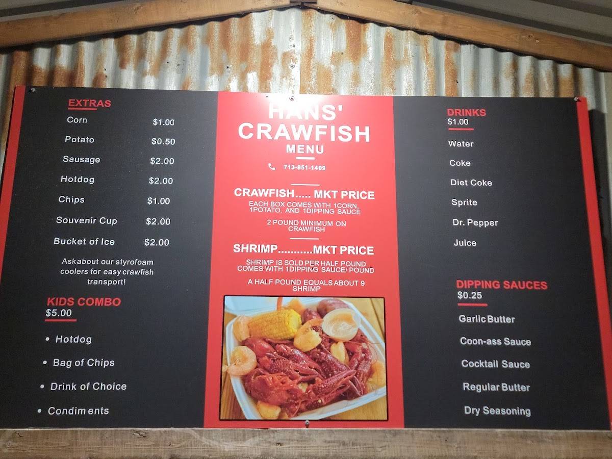 Menu at Hans Crawfish restaurant, Tomball