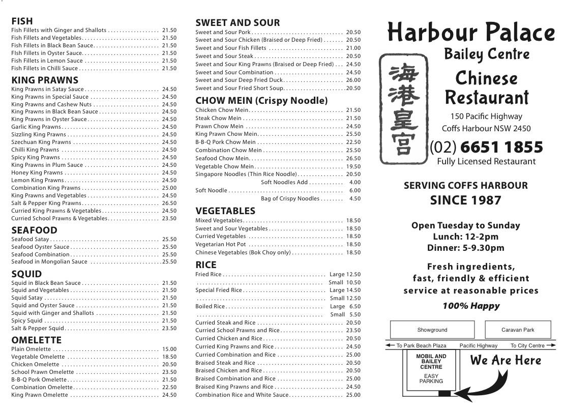 Menu at Harbour Palace Chinese Restaurant, Coffs Harbour, 150 Pacific Hwy