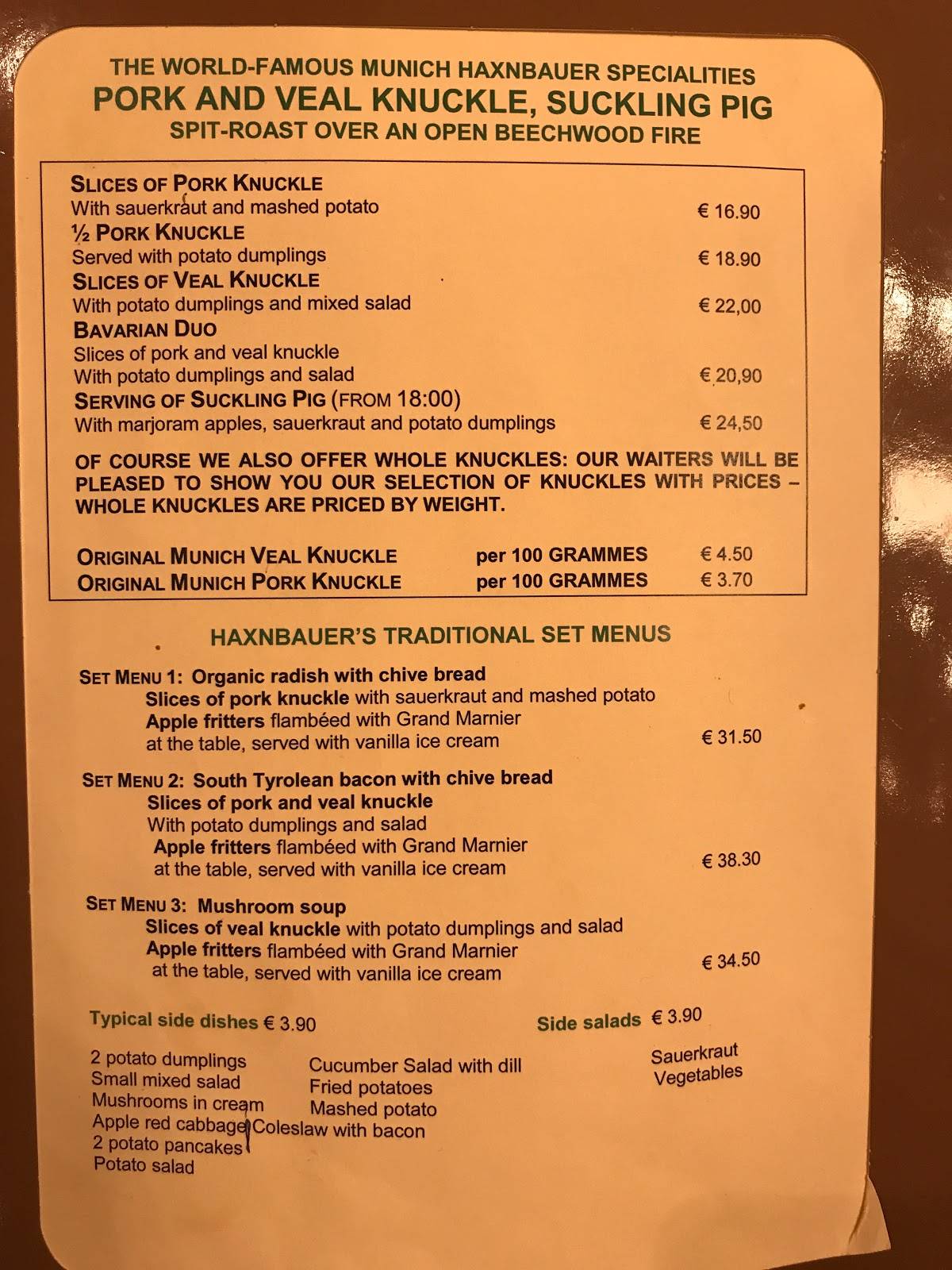 Menu at Haxnbauer restaurant, Munich
