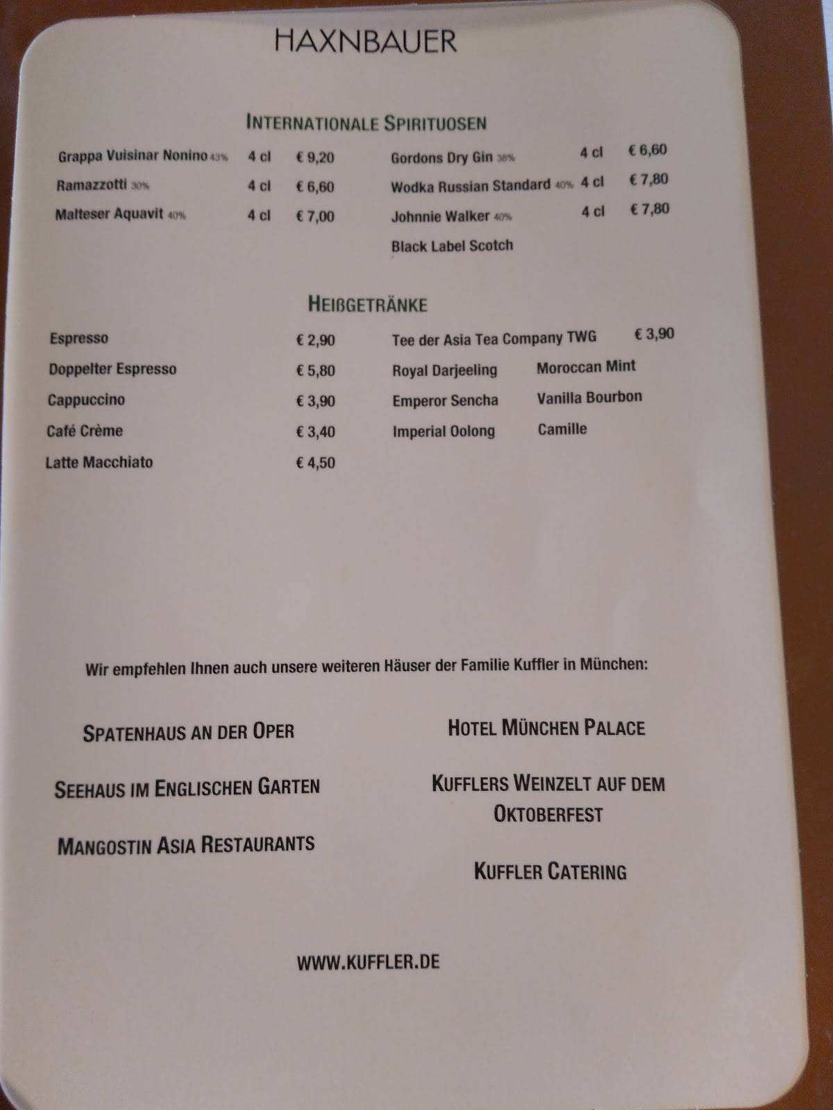 Menu at Haxnbauer restaurant, Munich