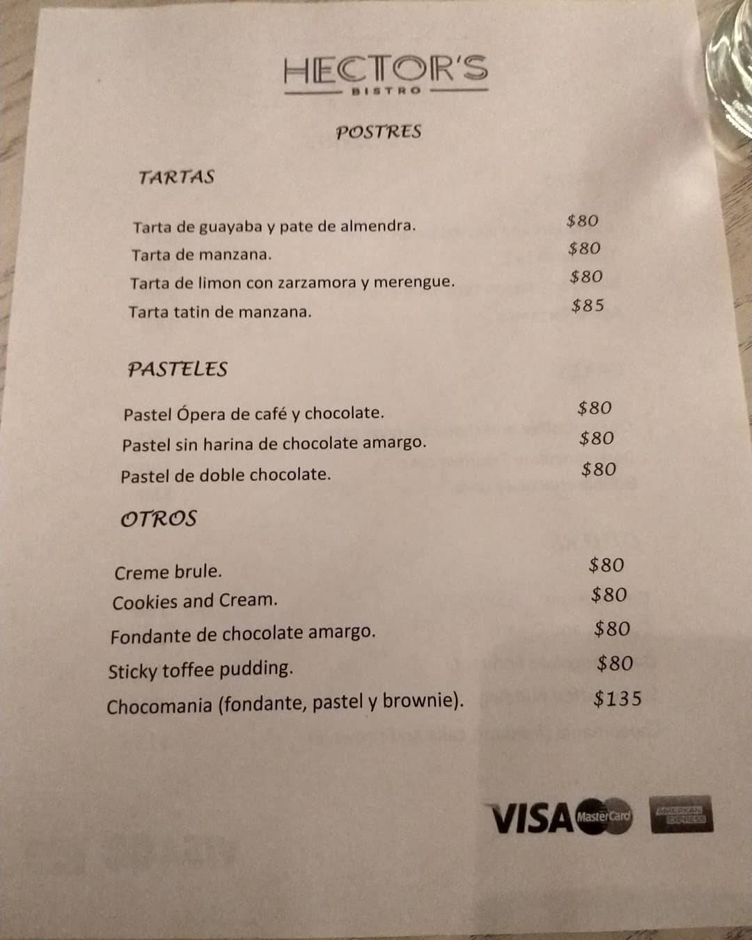 Menu at Hector's Bistro restaurant, Mazatlán