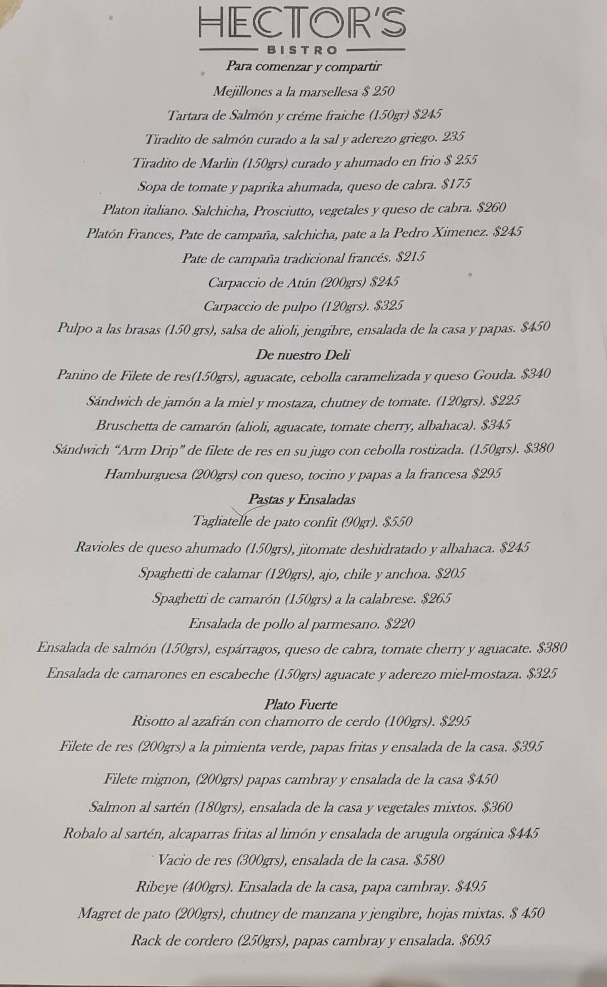 Carta del restaurante Hector's Bistro, Mazatlán