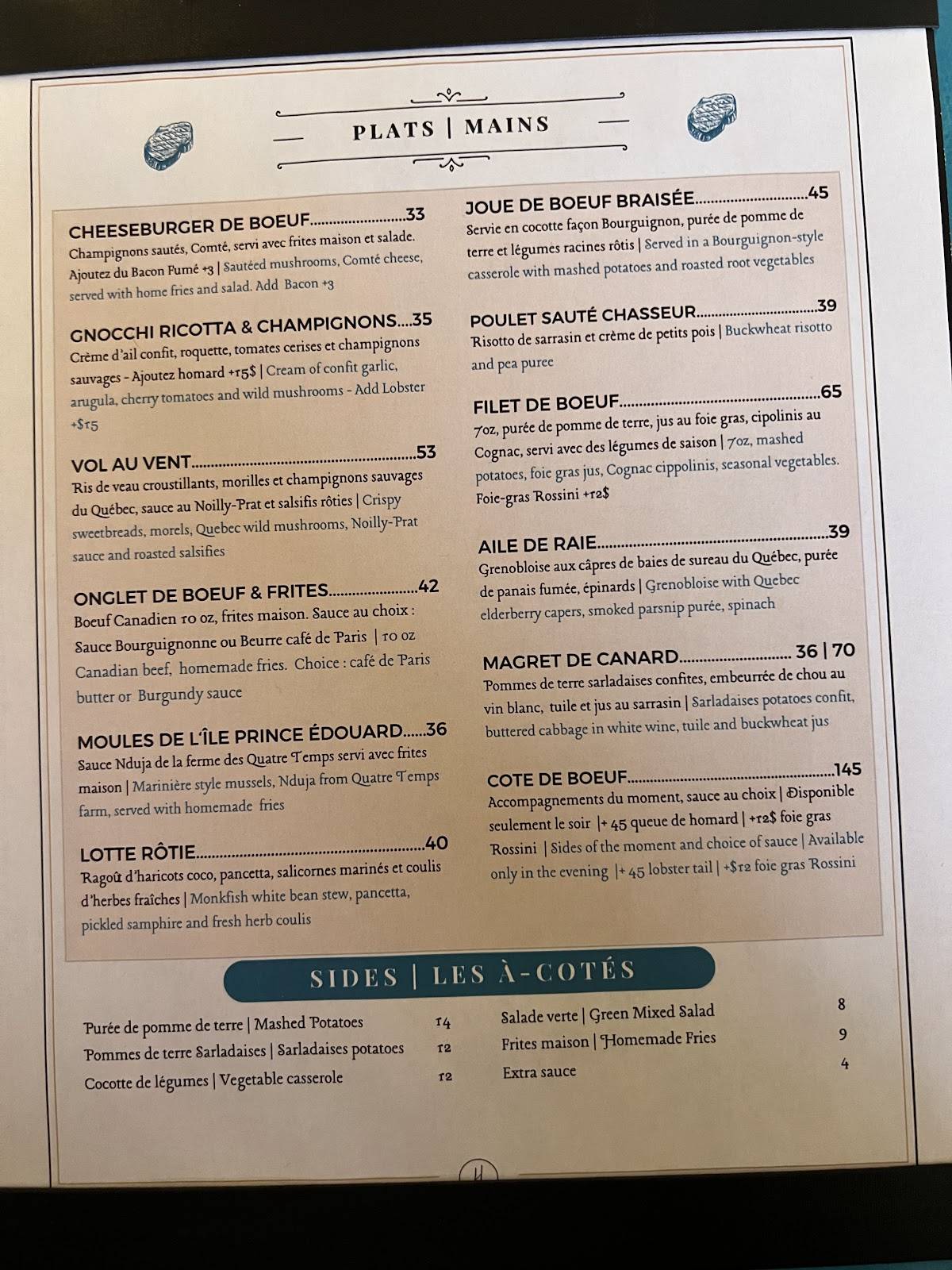 Menu at Henri Brasserie Française + Lounge restaurant, Montréal