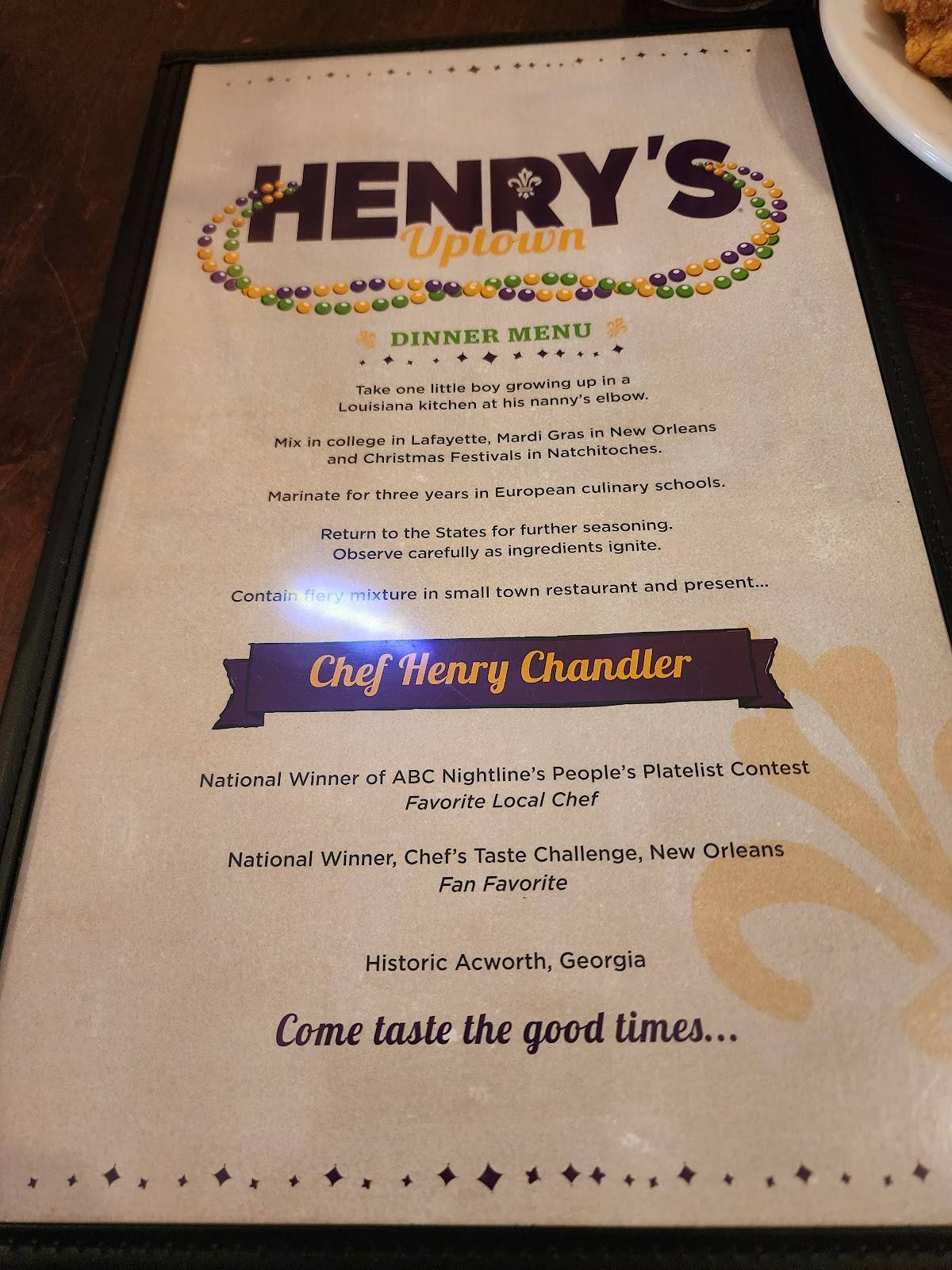 Menu at Henry's Louisiana Grill restaurant, Acworth