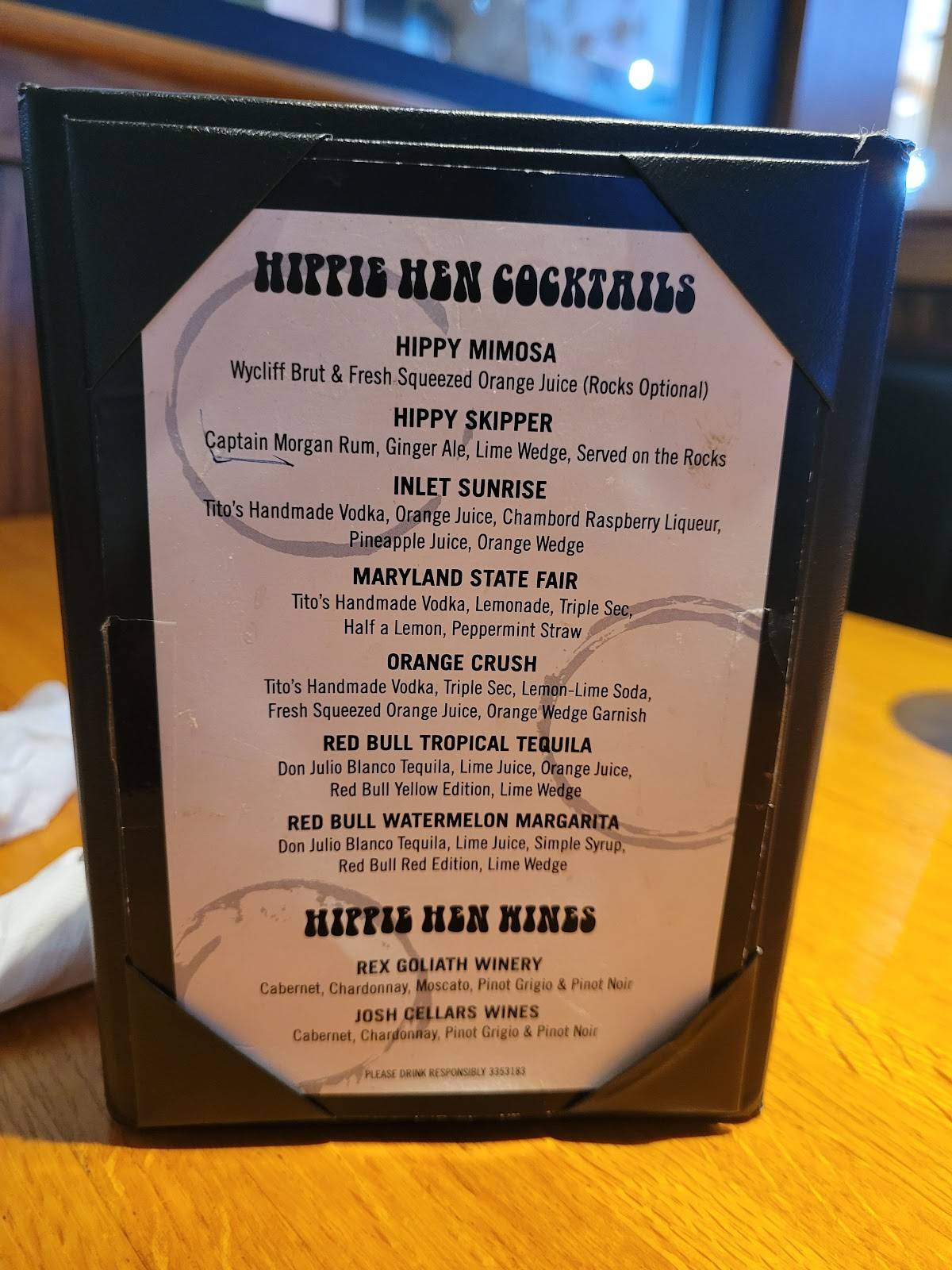 Menu at Hippie Hen House restaurant, Murrells Inlet, US-17 BUS