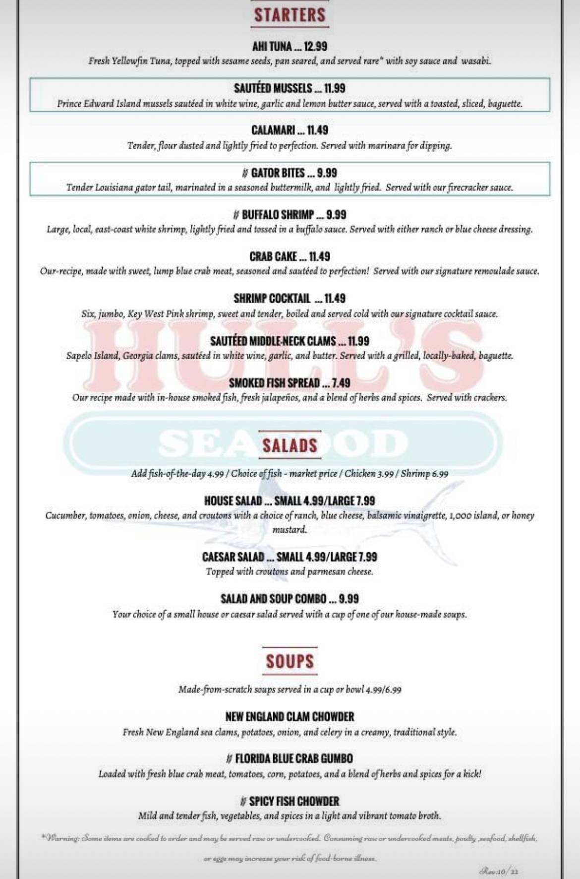 Menu at Hull's Seafood Restaurant, Ormond Beach, 111 W Granada Blvd