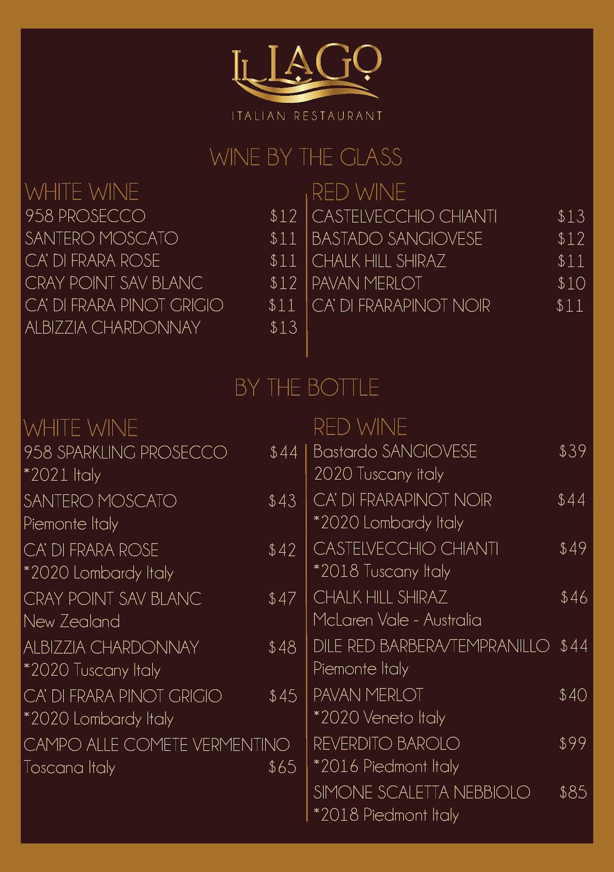 Menu at IL Lago Italian Restaurant - Mango Hill, QLD, Mango Hill