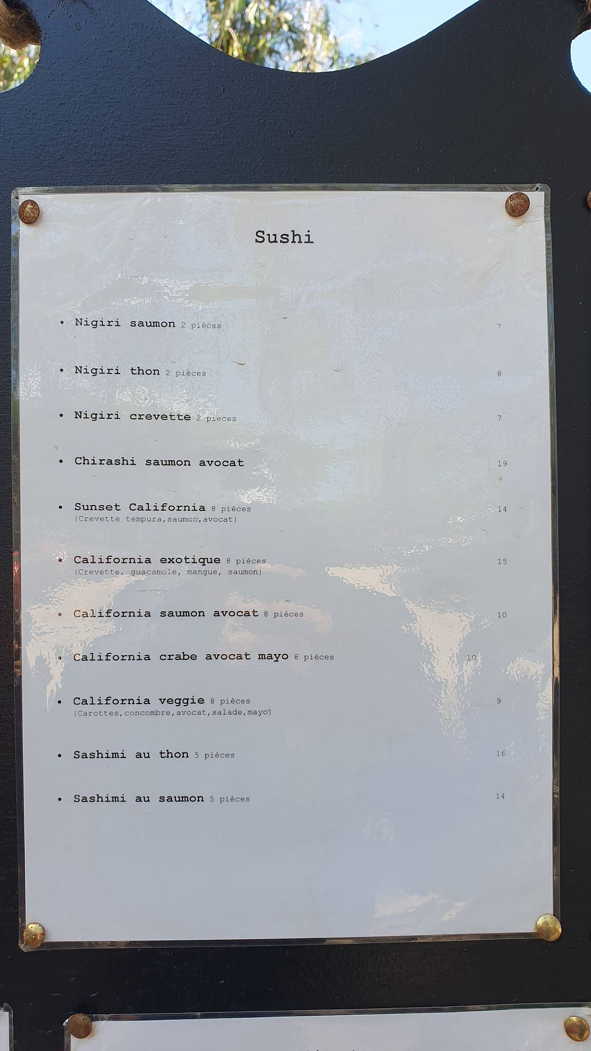 Menu au In Casa Calvi restaurant, Calvi