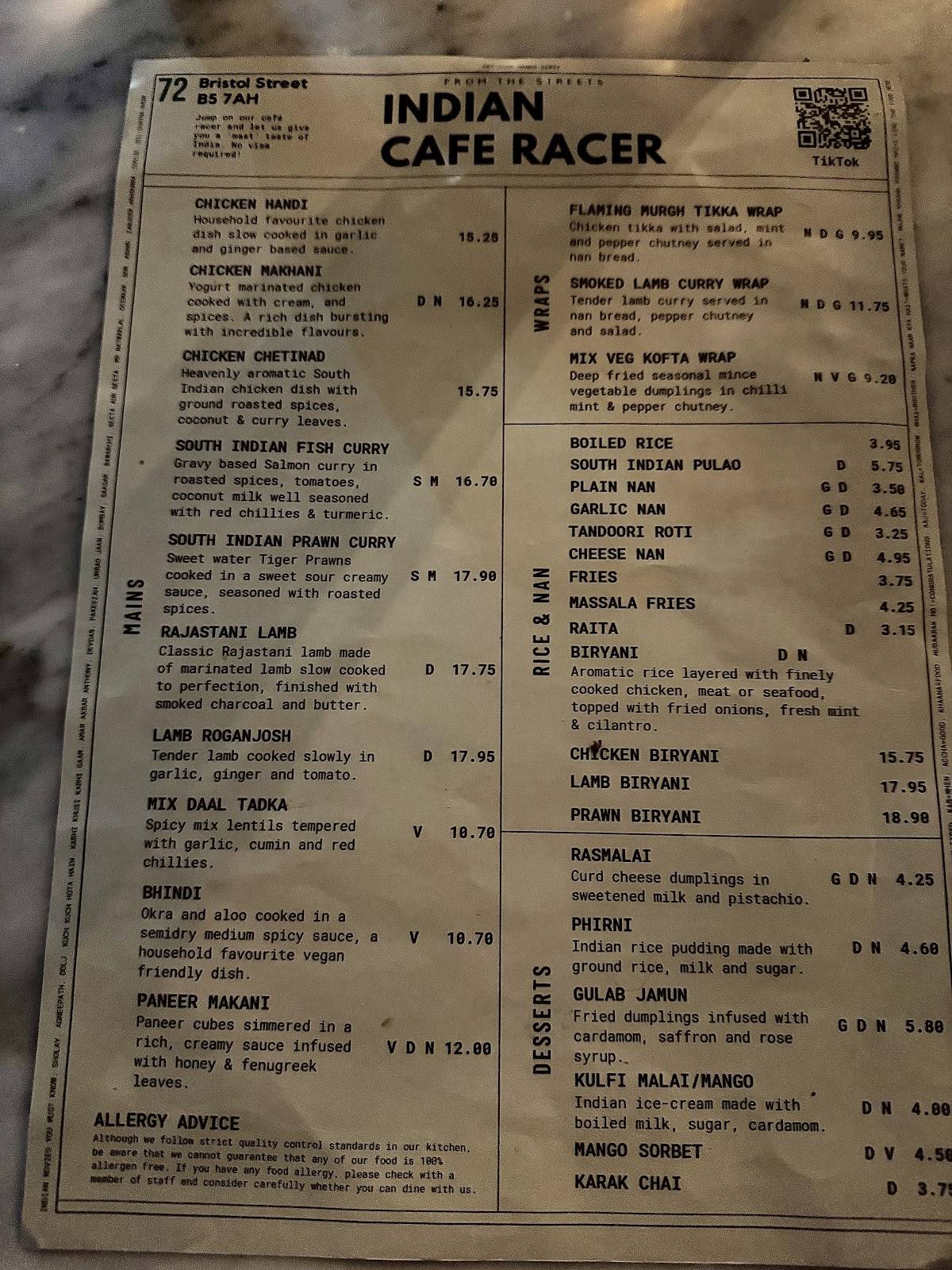 Menu at Indian Cafe Racer- The Wellington, Birmingham