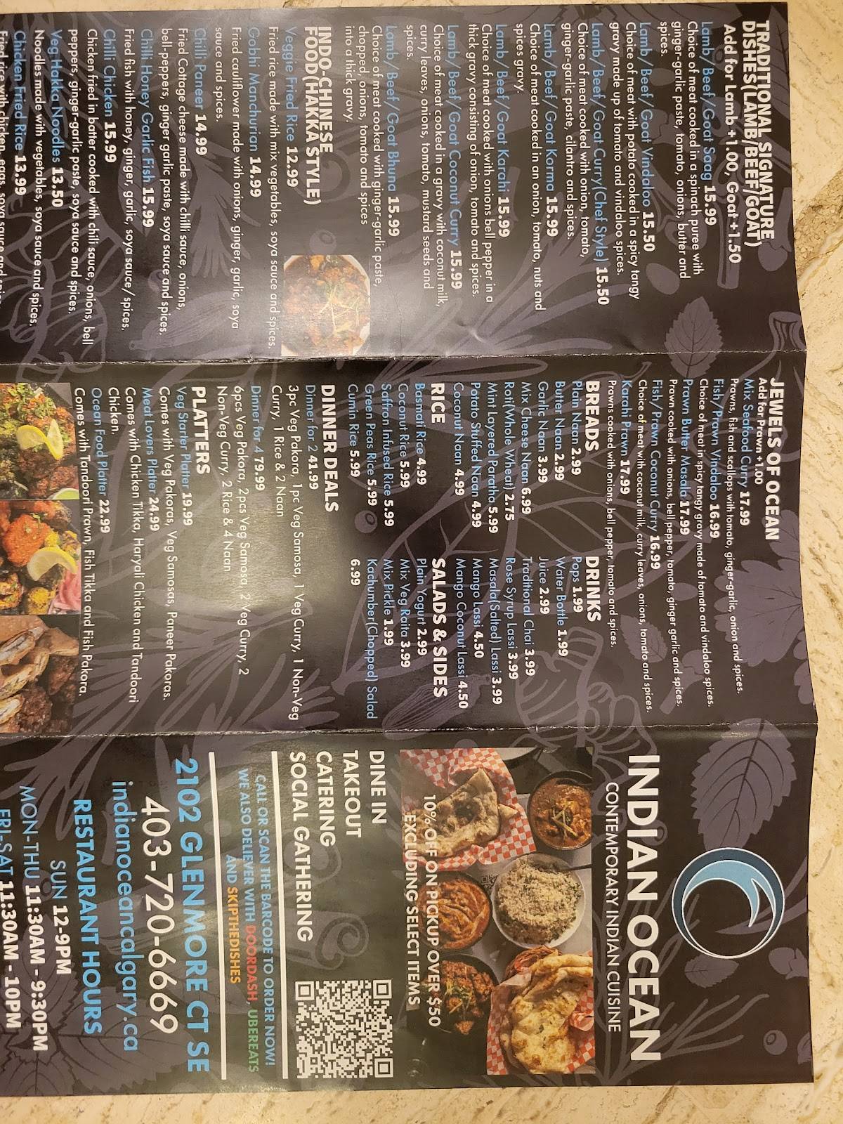 Menu at Indian Ocean Restaurant, Calgary