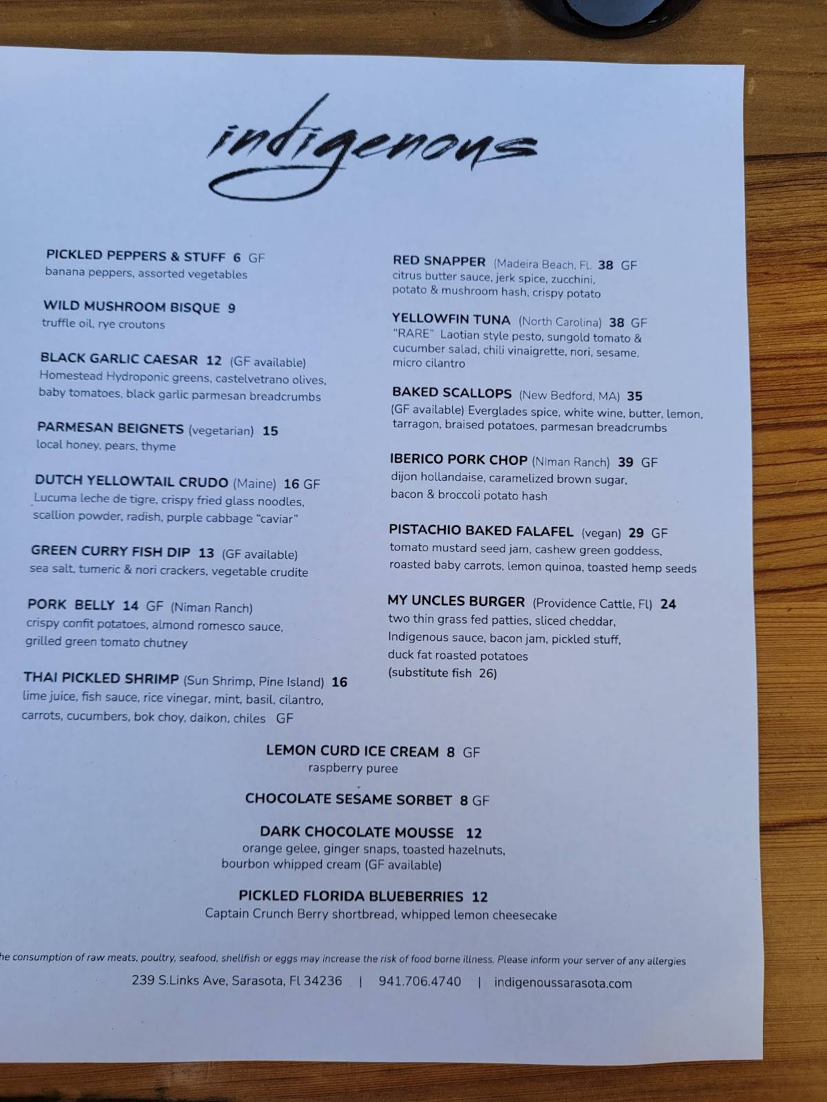 Menu at Indigenous Restaurant, Sarasota