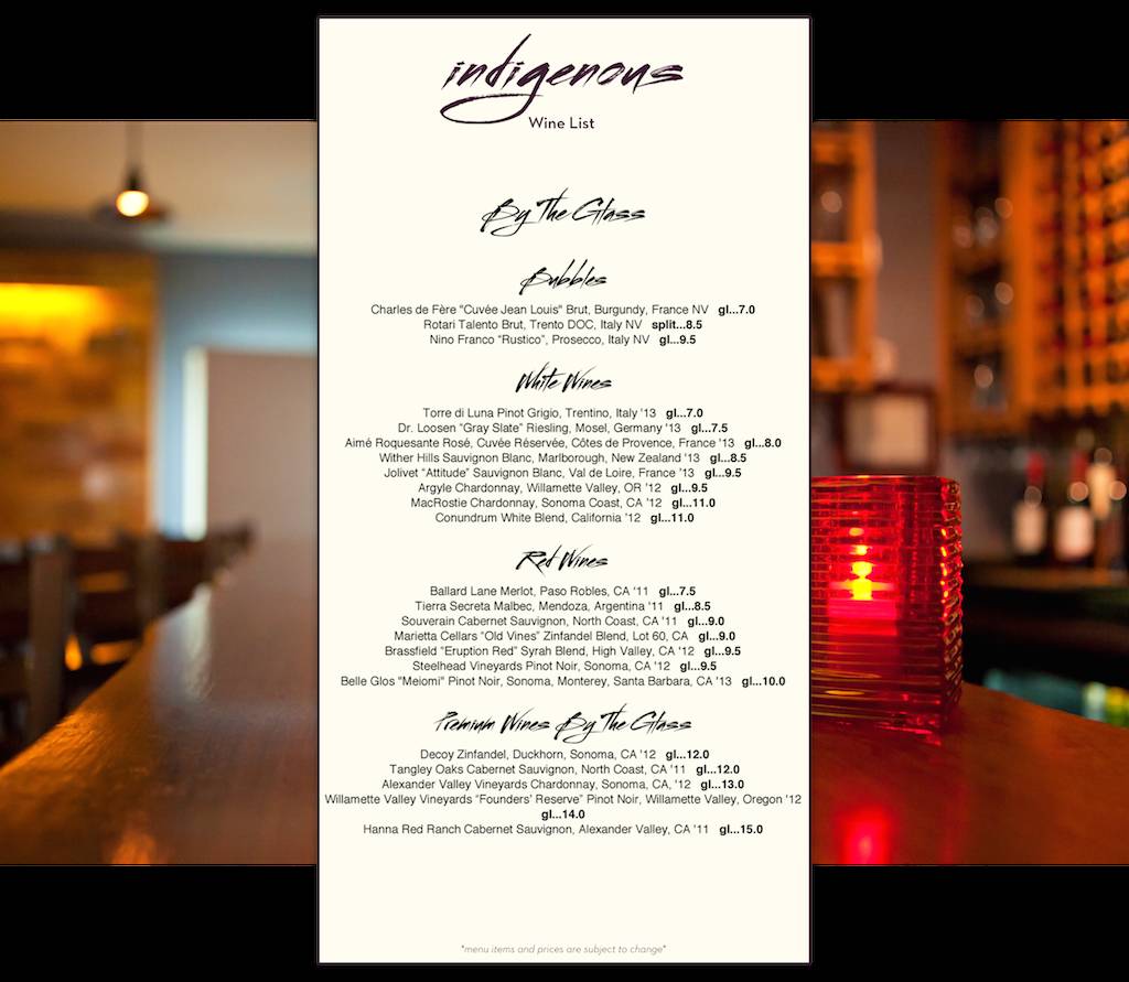 Menu at Indigenous Restaurant, Sarasota