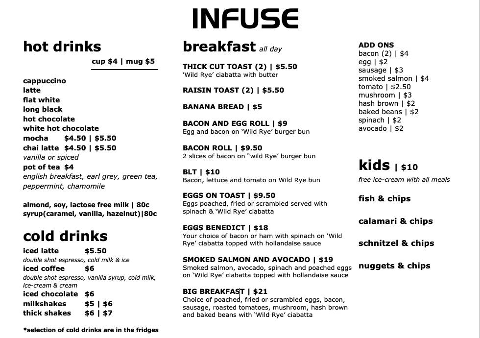 Menu at Infuse cafe, Tura Beach, 1 Tura Beach Dr