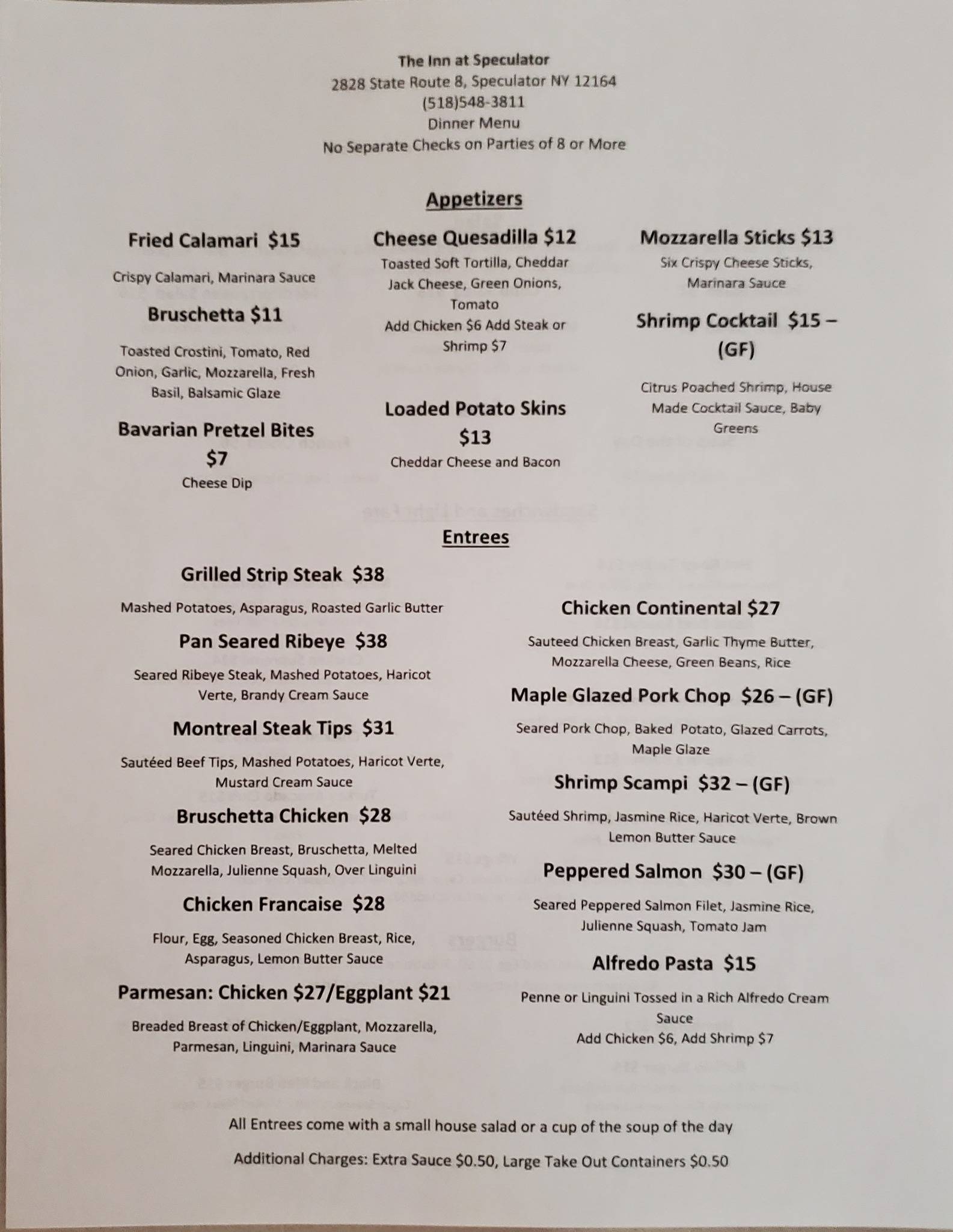Menu at Inn At Speculator restaurant, Speculator, NY-8