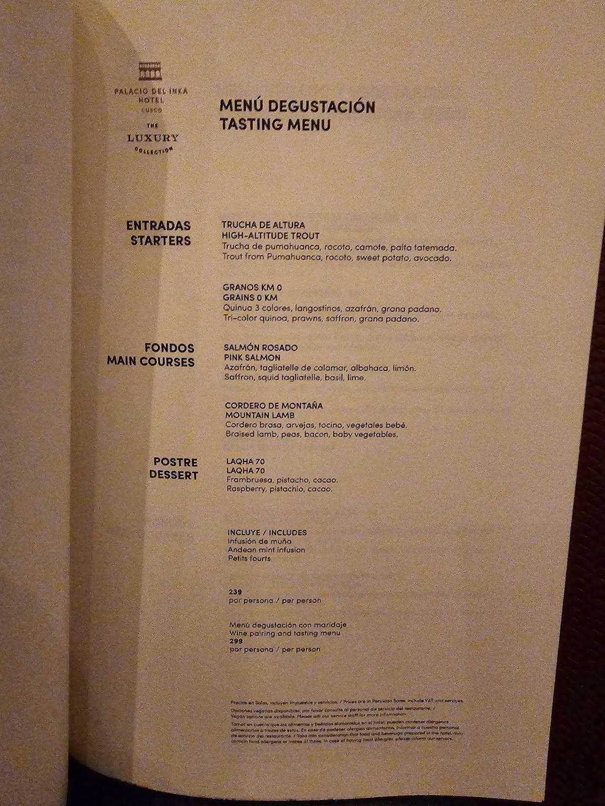 Menu at Inti Raymi restaurant, Cusco
