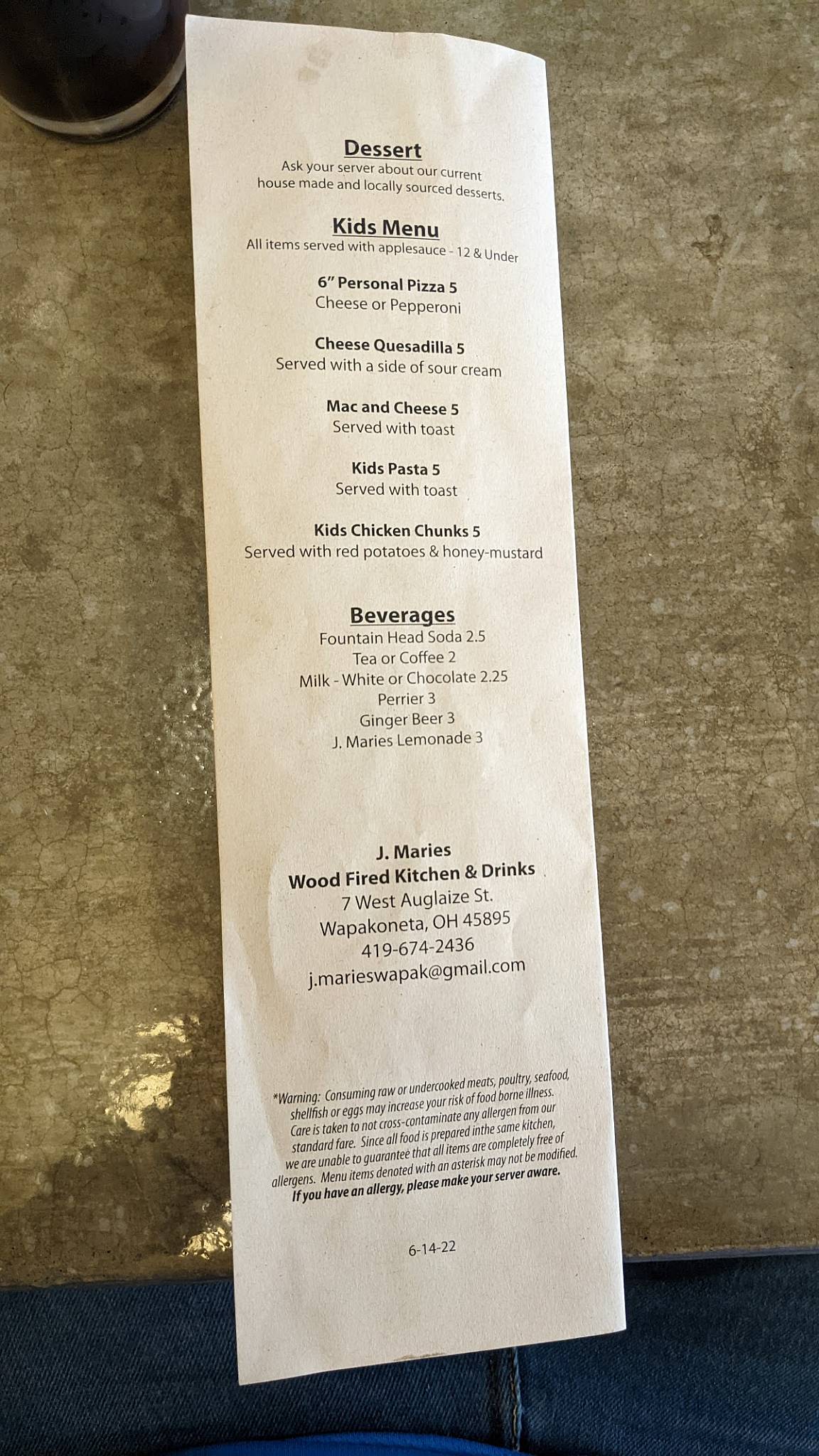 Menu at J. Marie's Wood-Fired Kitchen and Drinks restaurant, Wapakoneta