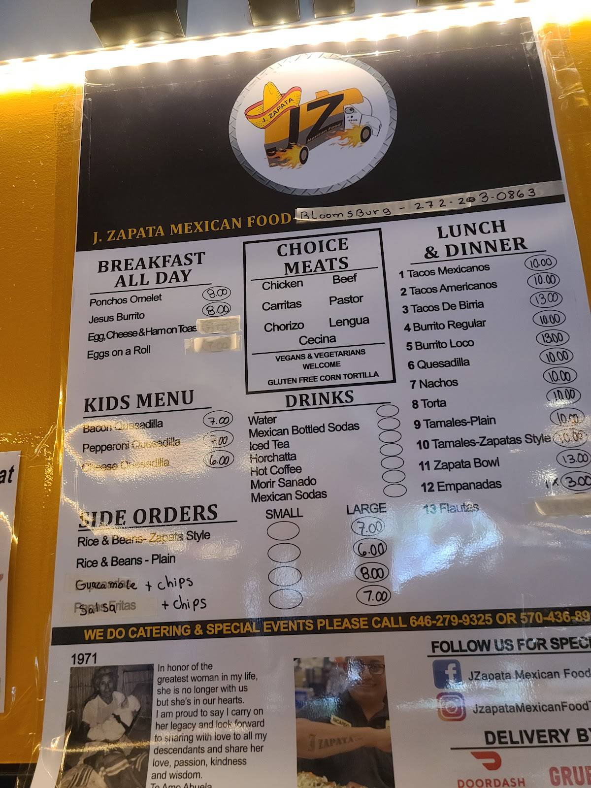 Menu at J Zapata Mexican Food Bloomsburg restaurant, Bloomsburg