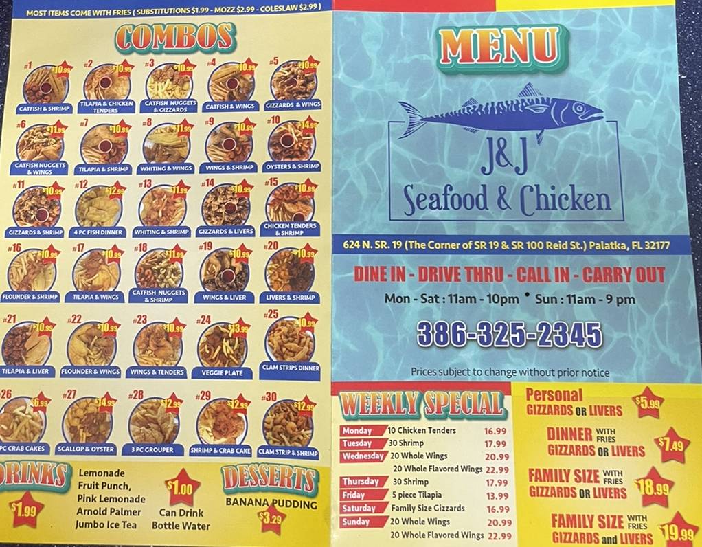 Menu at J&J Seafood and Chicken restaurant, Palatka