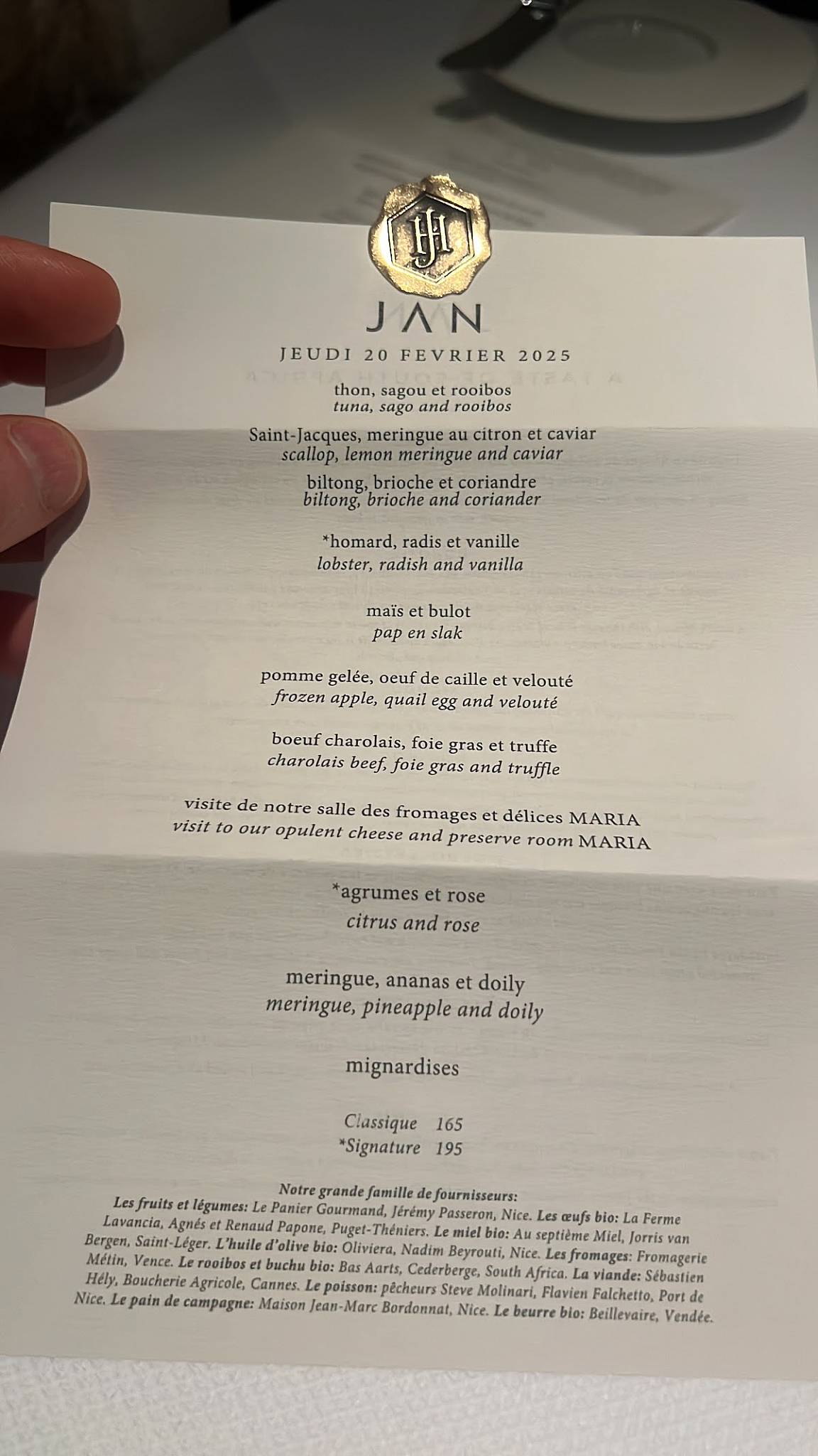Menu au Restaurant JAN, Nice