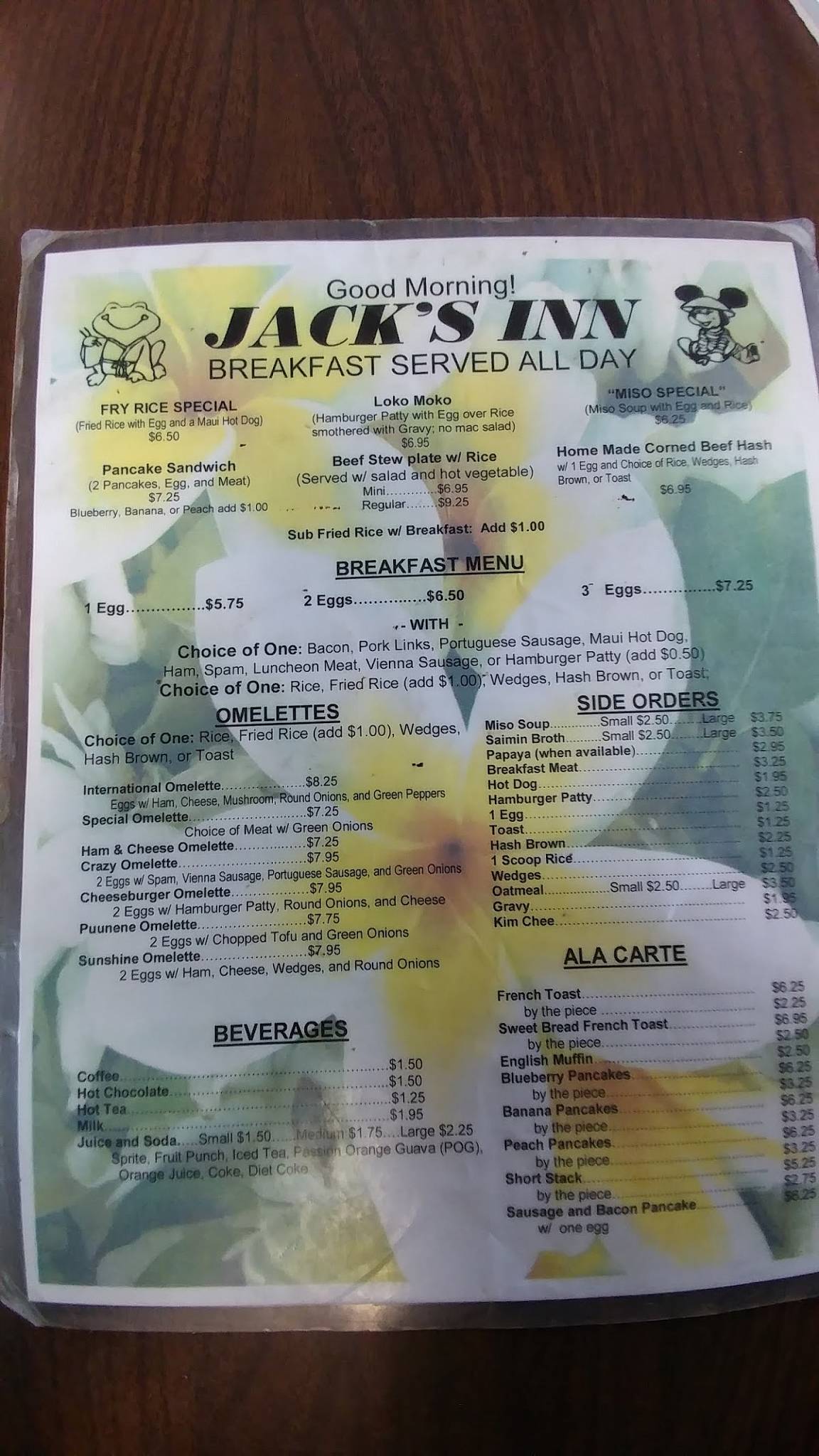 Menu at Jack's Inn breakfast spot restaurant, Kahului