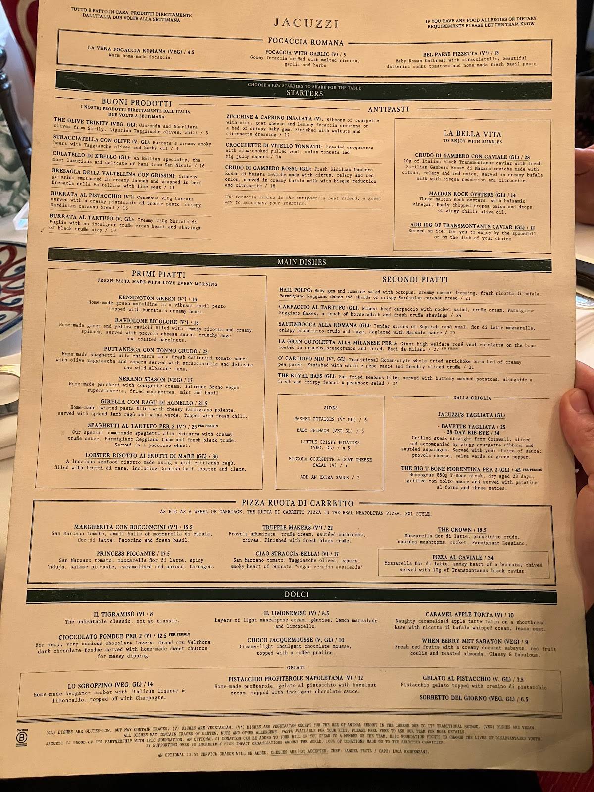 Menu at Jacuzzi restaurant, London Menu at Jacuzzi restaurant, London
