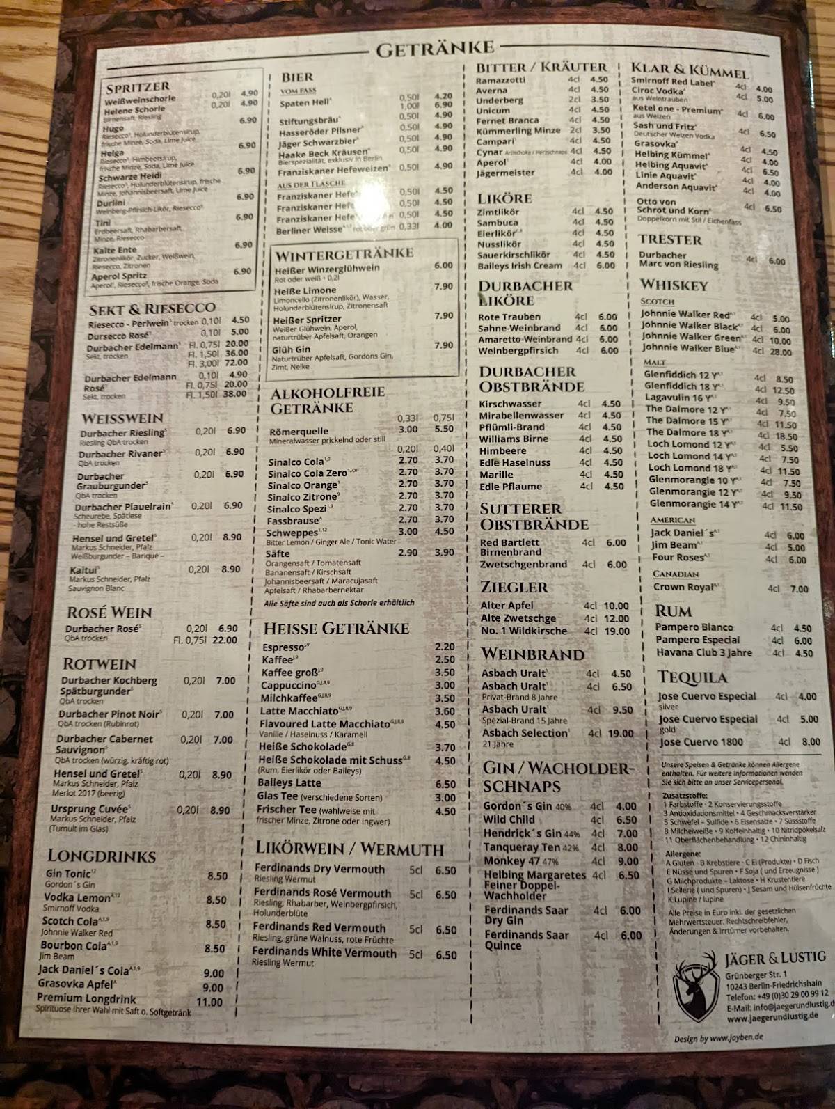 Menu at Jäger & Lustig restaurant, Berlin, Grünberger Str. 1
